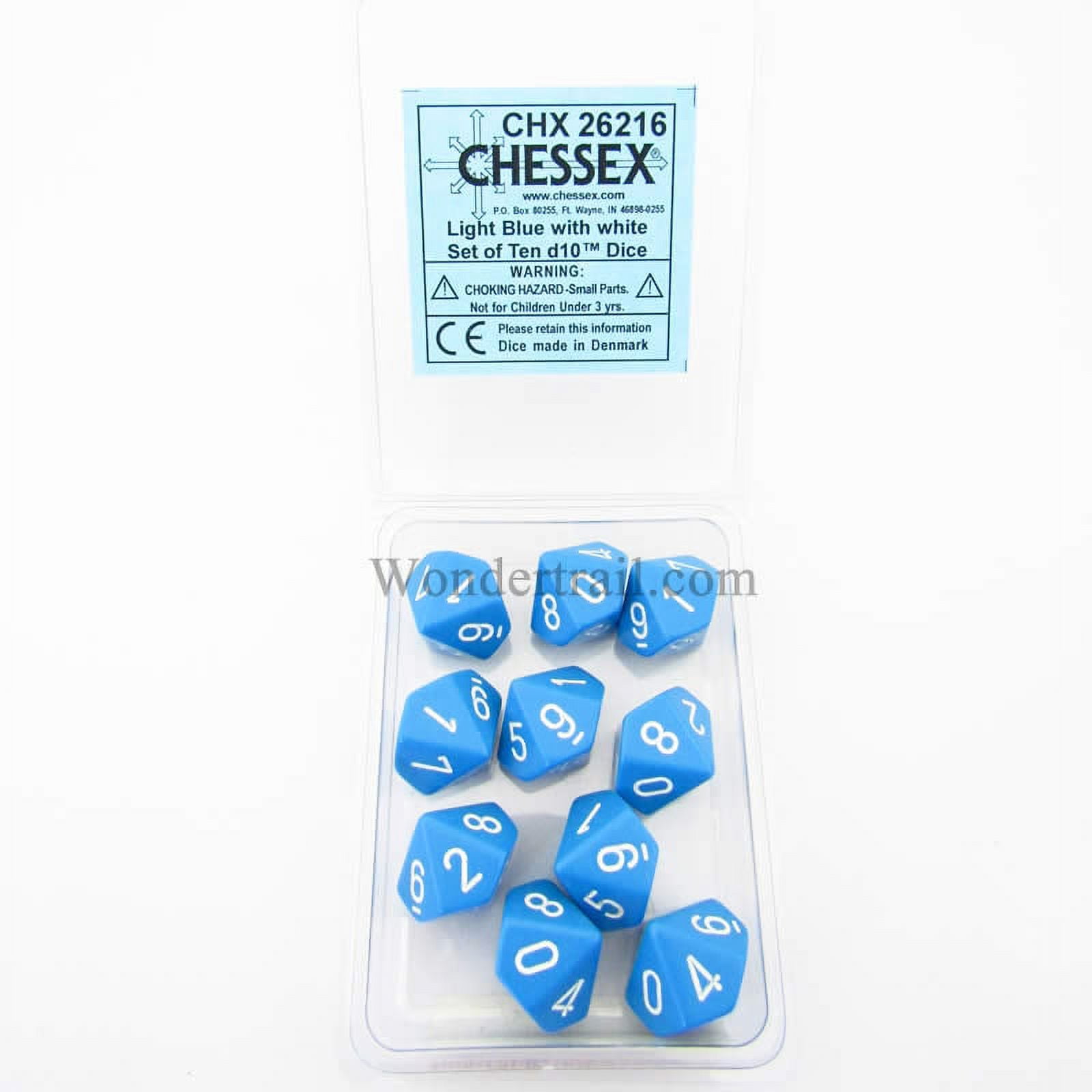 Light Blue Opaque Dice with White Numbers D10 16mm (5/8in) Pack of 10 ...