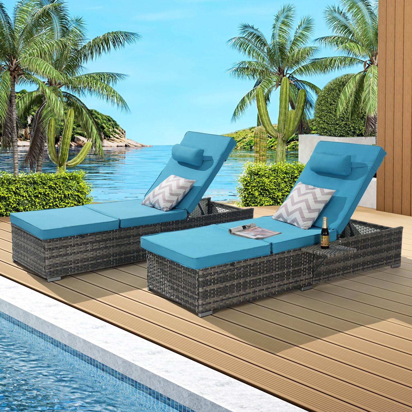 Light Blue Outdoor Chaise Lounge Chair Set of 2 with Adjustable ...