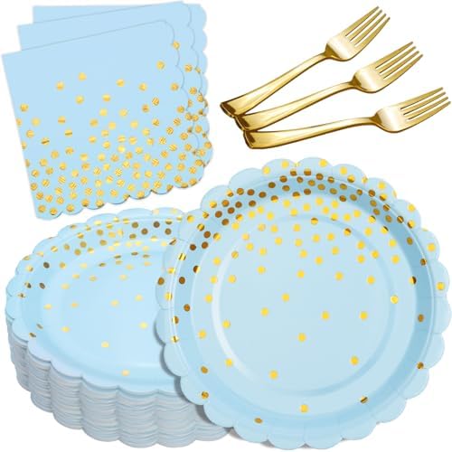 Light Blue Paper Plates and Napkins Party Supplies, Disposable Gold Dot ...