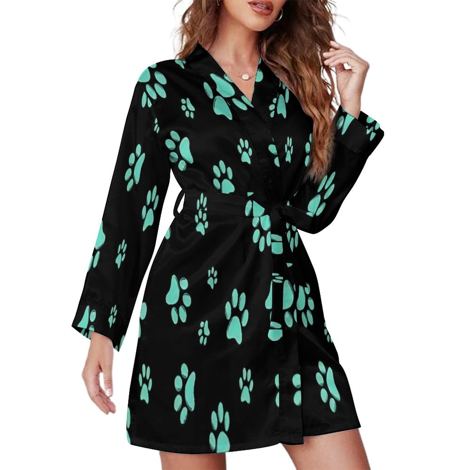 Light Blue Paw Print Pattern Night Robe Long Sleeve V Neck Robe With ...