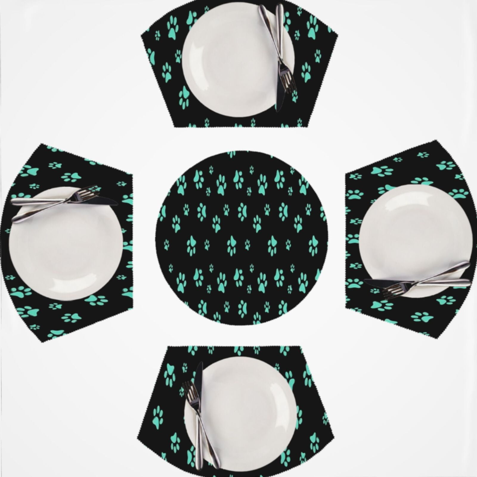 Light Blue Paw Print Pattern Round Table Placemats Set Of 5 Wedge Table ...