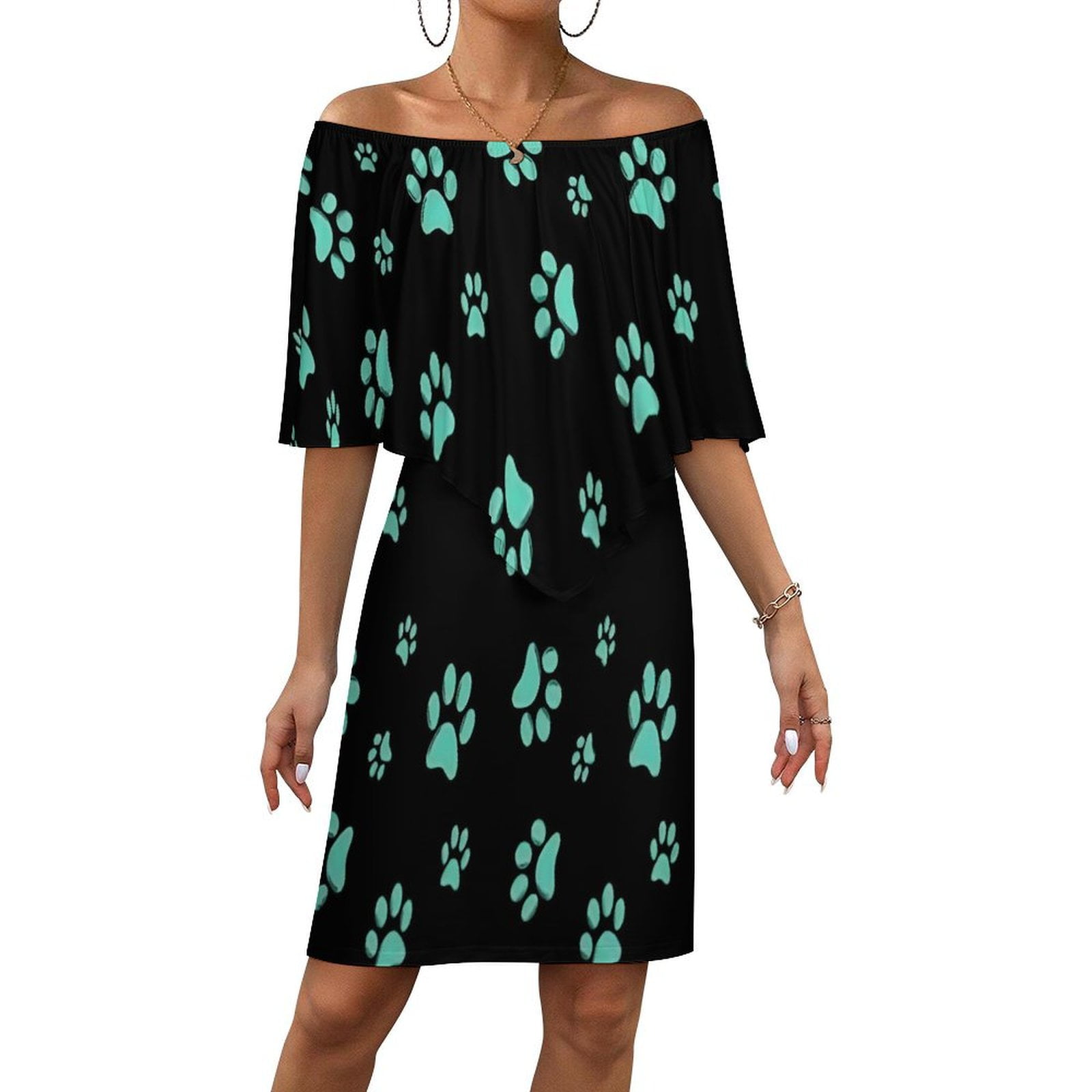 Light Blue Paw Print Pattern Women's Off The Shoulder Ruffles Summer ...