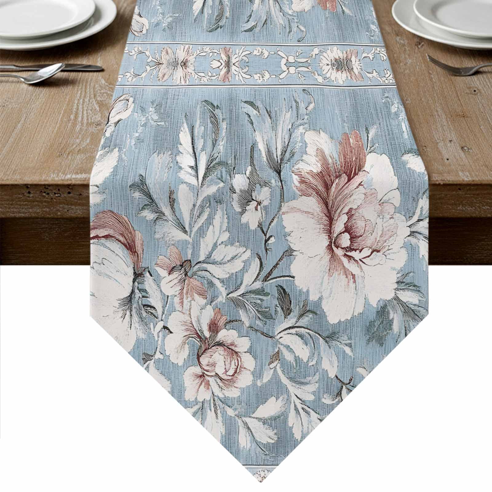 Light Blue Pink Floral Table Runner Linen Burlap Table Runner 108 ...
