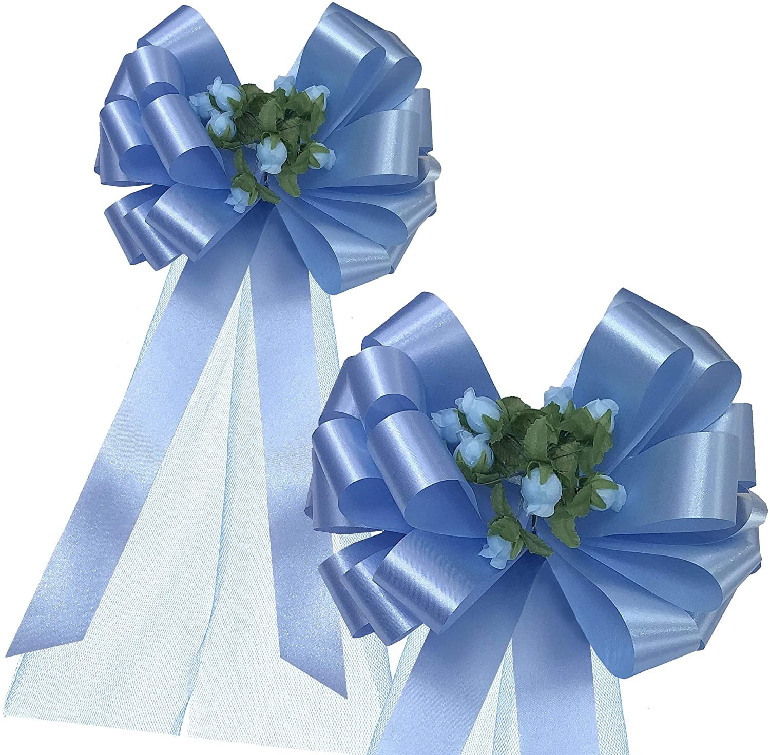 Light Blue Pull Bows with Tulle Tails and Rosebuds - 8" Wide, Set of 6 ...