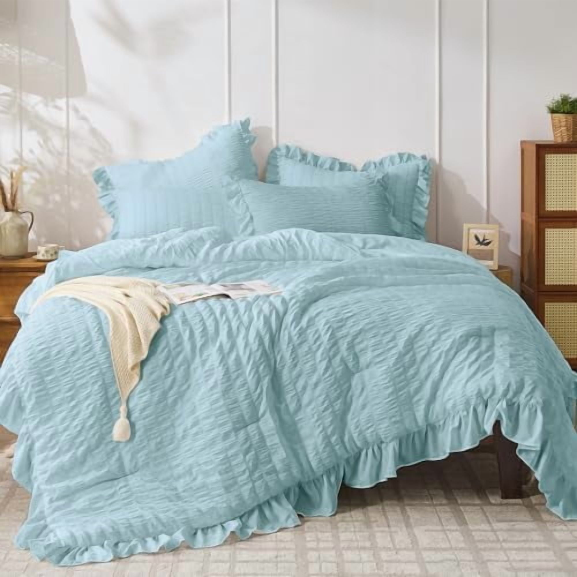 Light Blue Queen Comforter Set, 3 Pieces Seersucker Comforters Queen ...