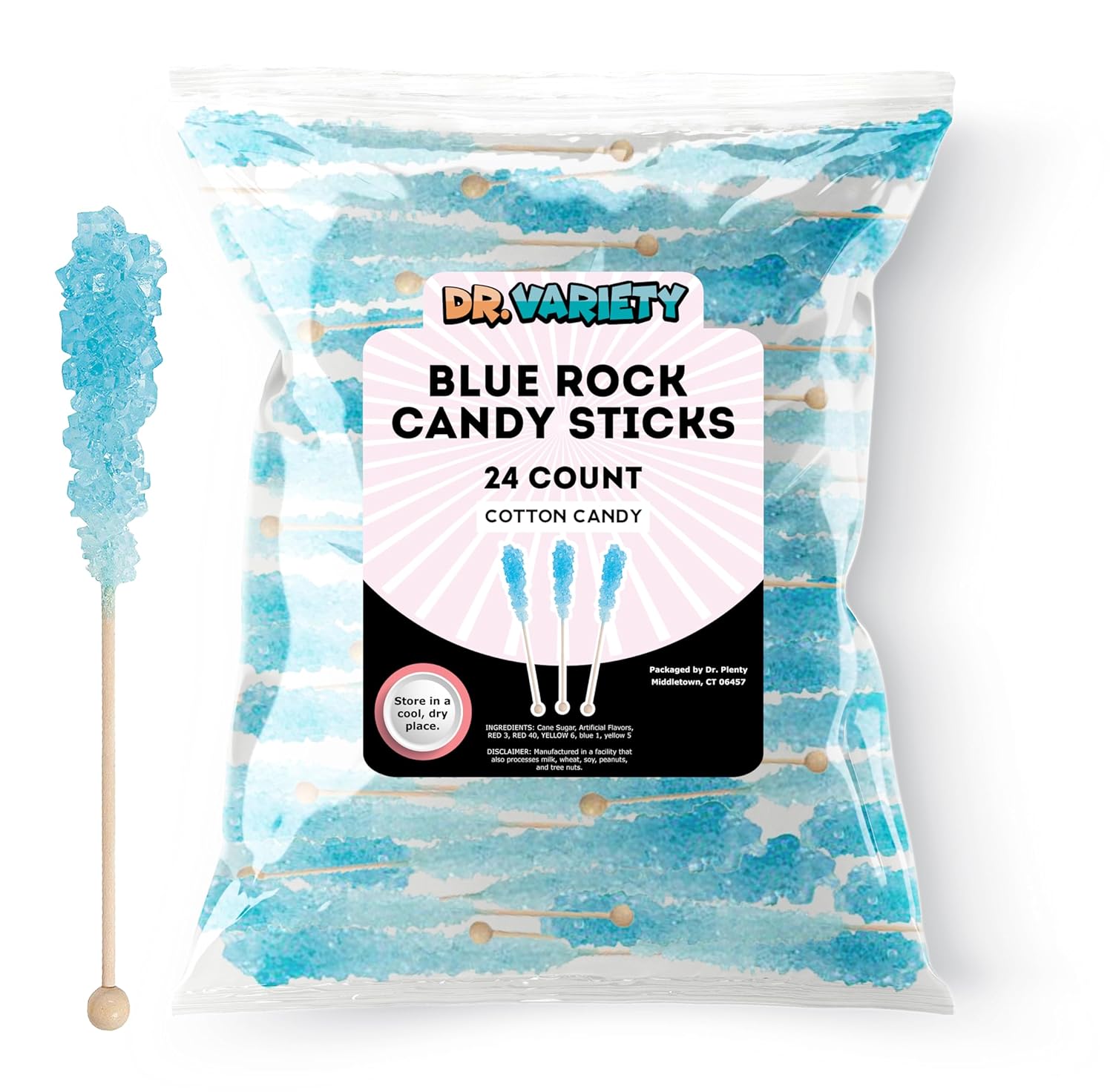 Light Blue Rock Candy Sticks – Cotton Candy Sugar Flavor, 24 Pack Bulk ...