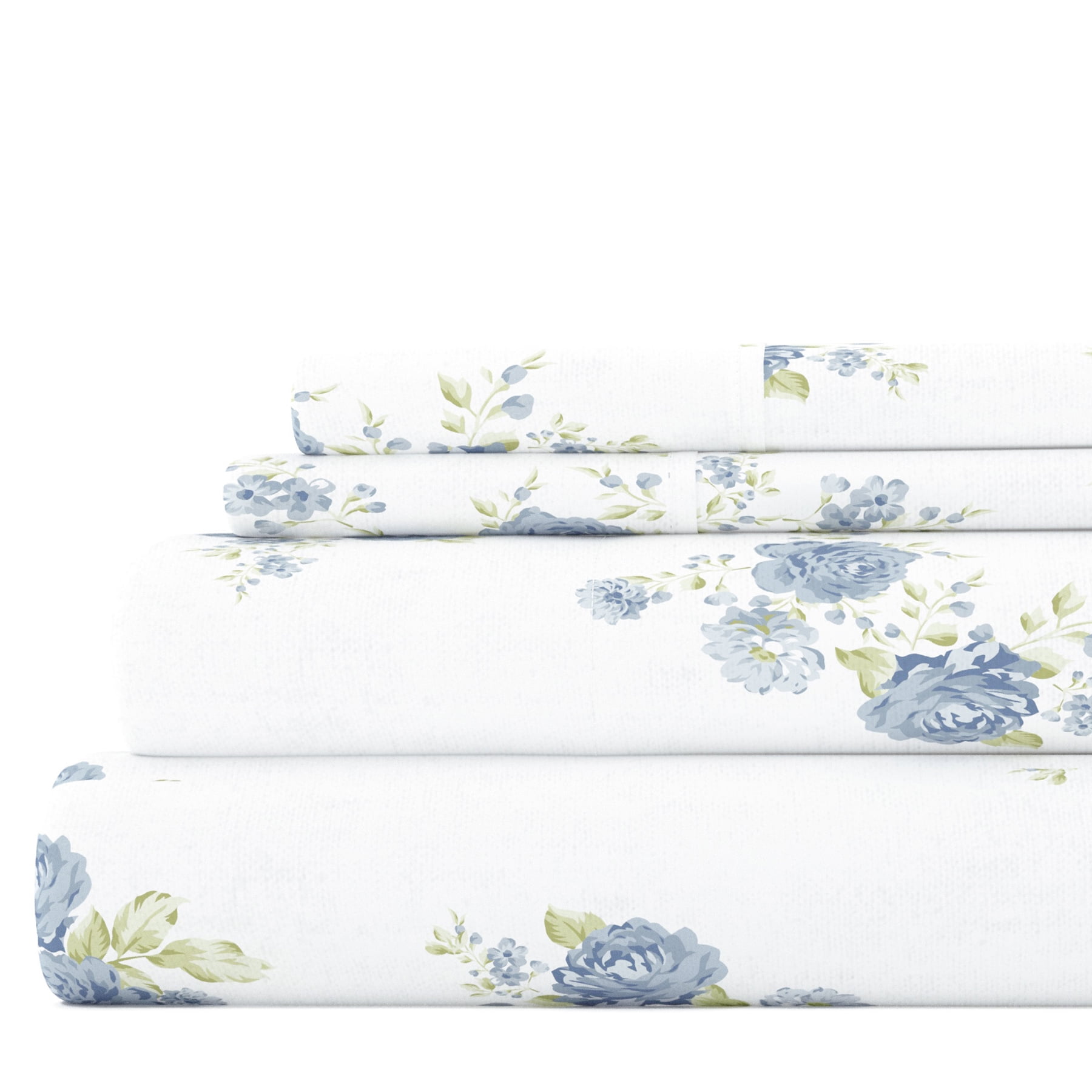Light Blue Rose Bunch 4 Piece 100% Cotton Flannel Deep Pocket Sheet Set ...