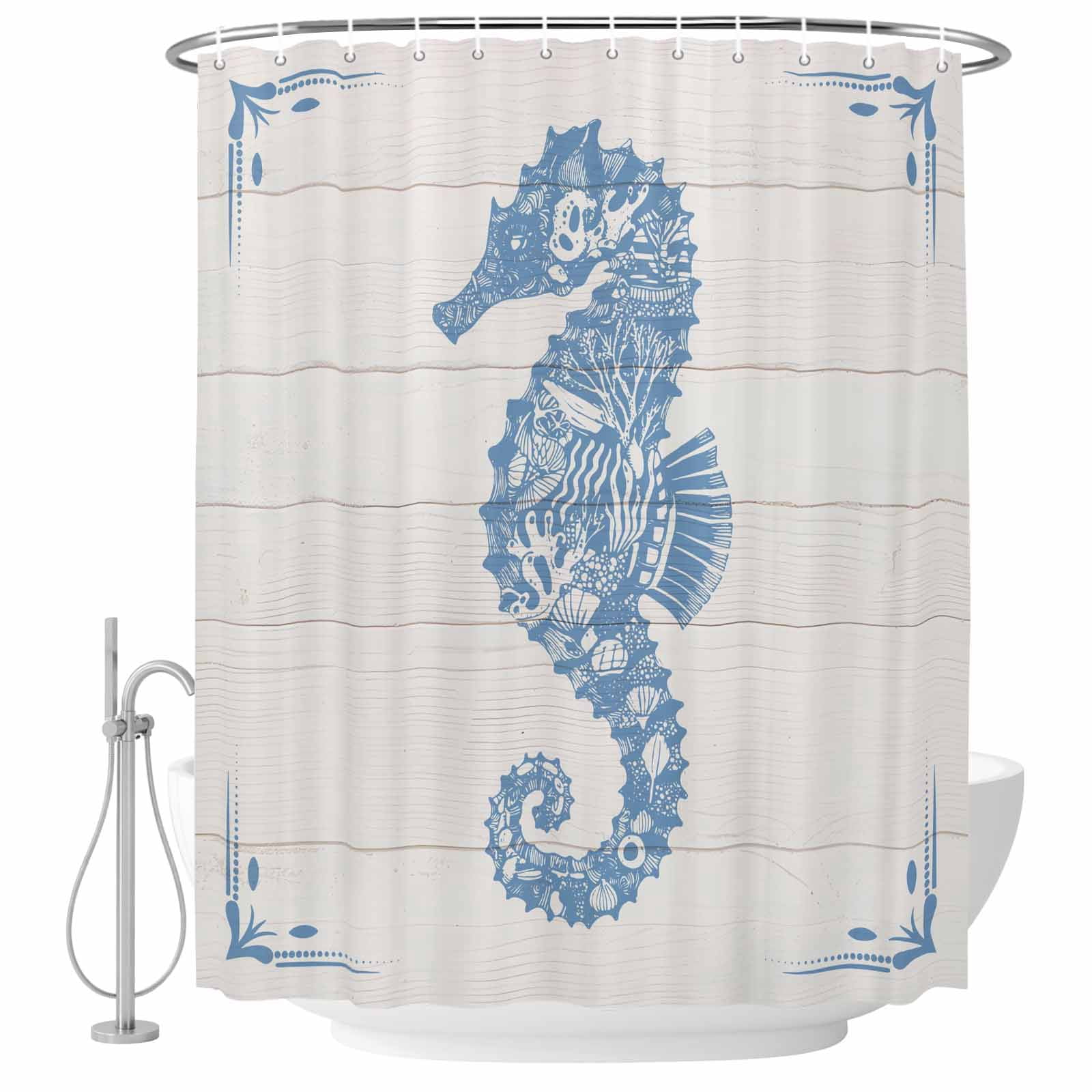 Light Blue Seahorse Shower Curtain for Bathroom, Retro Marine Life Wood ...