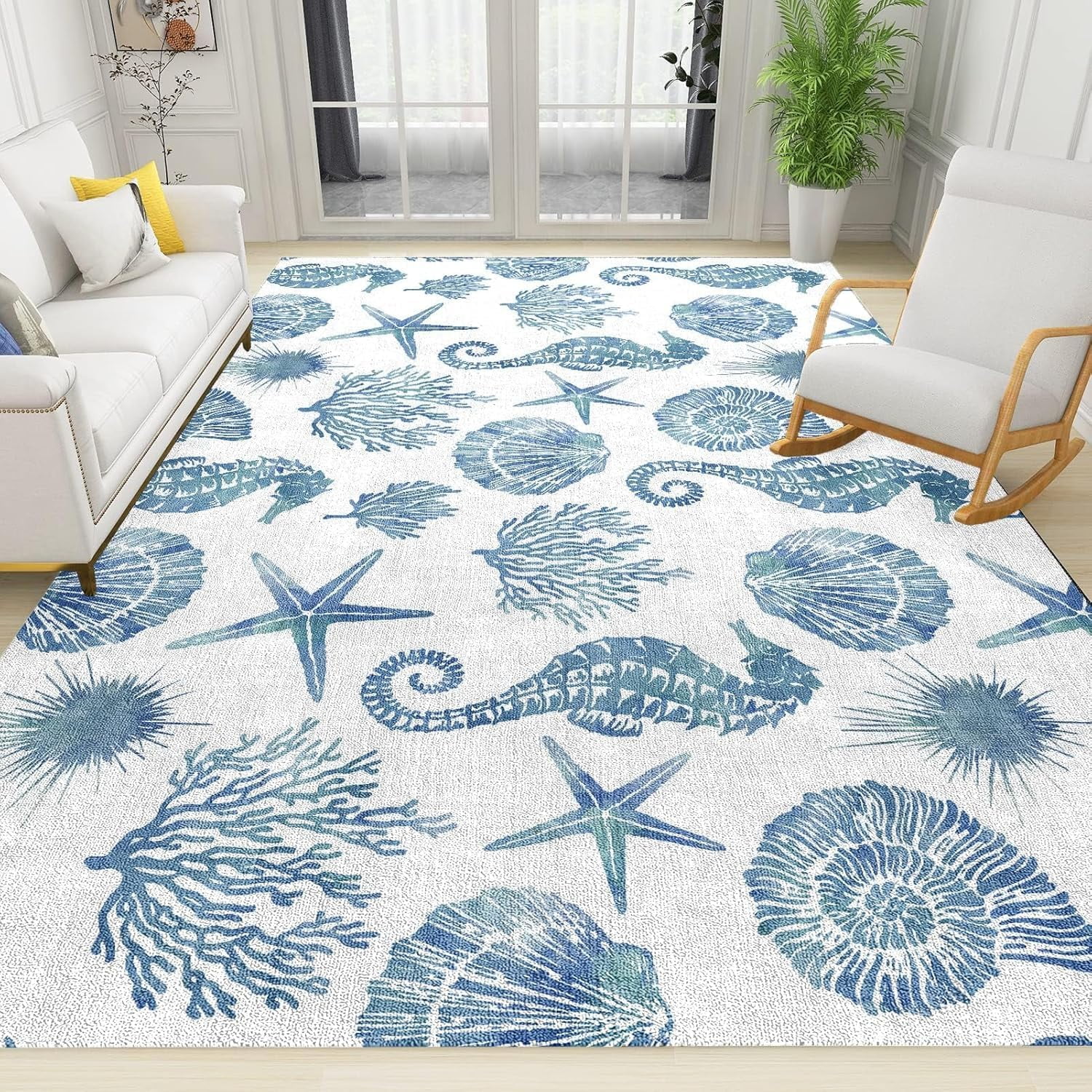 Light Blue Seahorse Starfish Marine Life Area Rug 3x4ft Rug Coastal ...