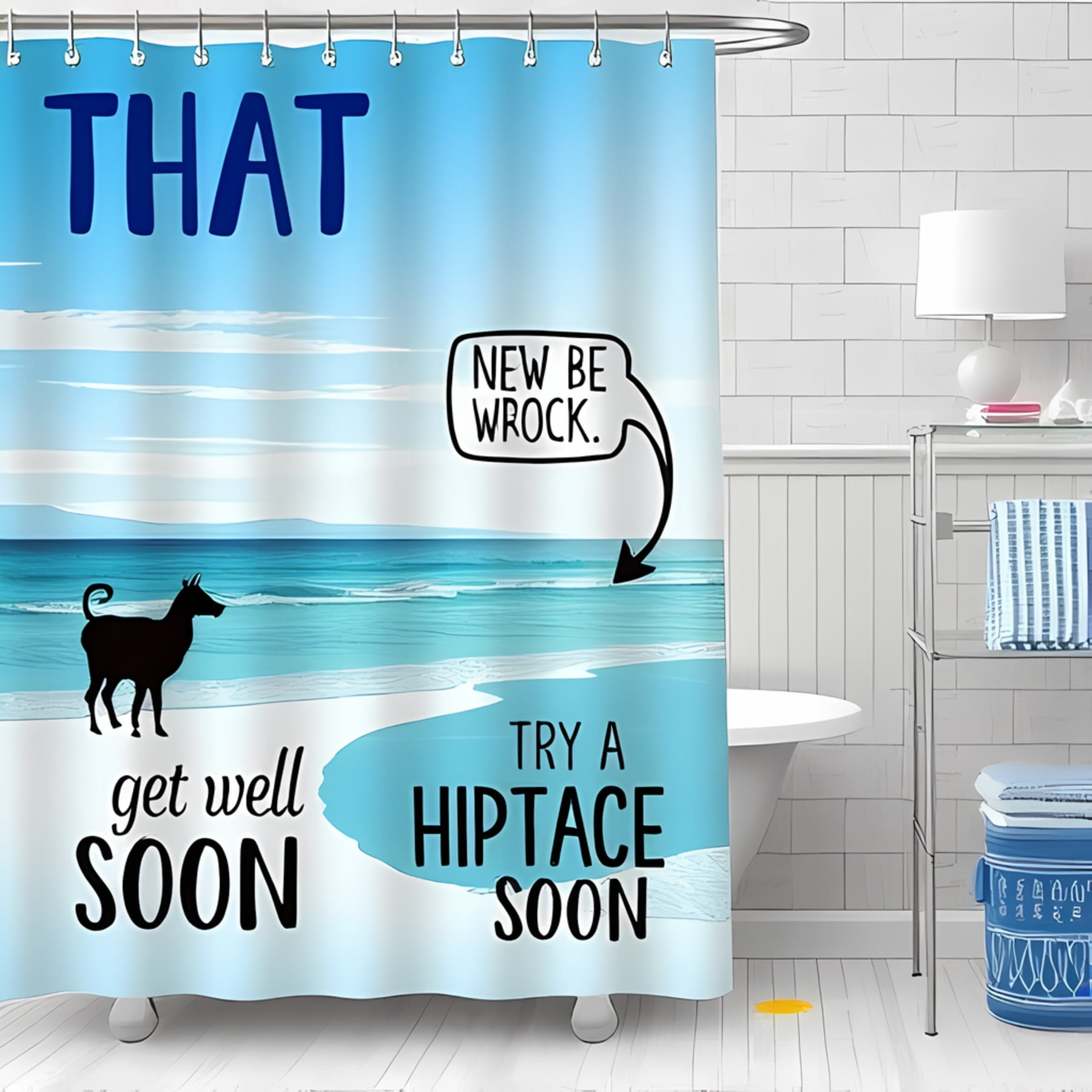 Light Blue Shower Curtain with Playful Dog on Beach 'Get Well Soon ...