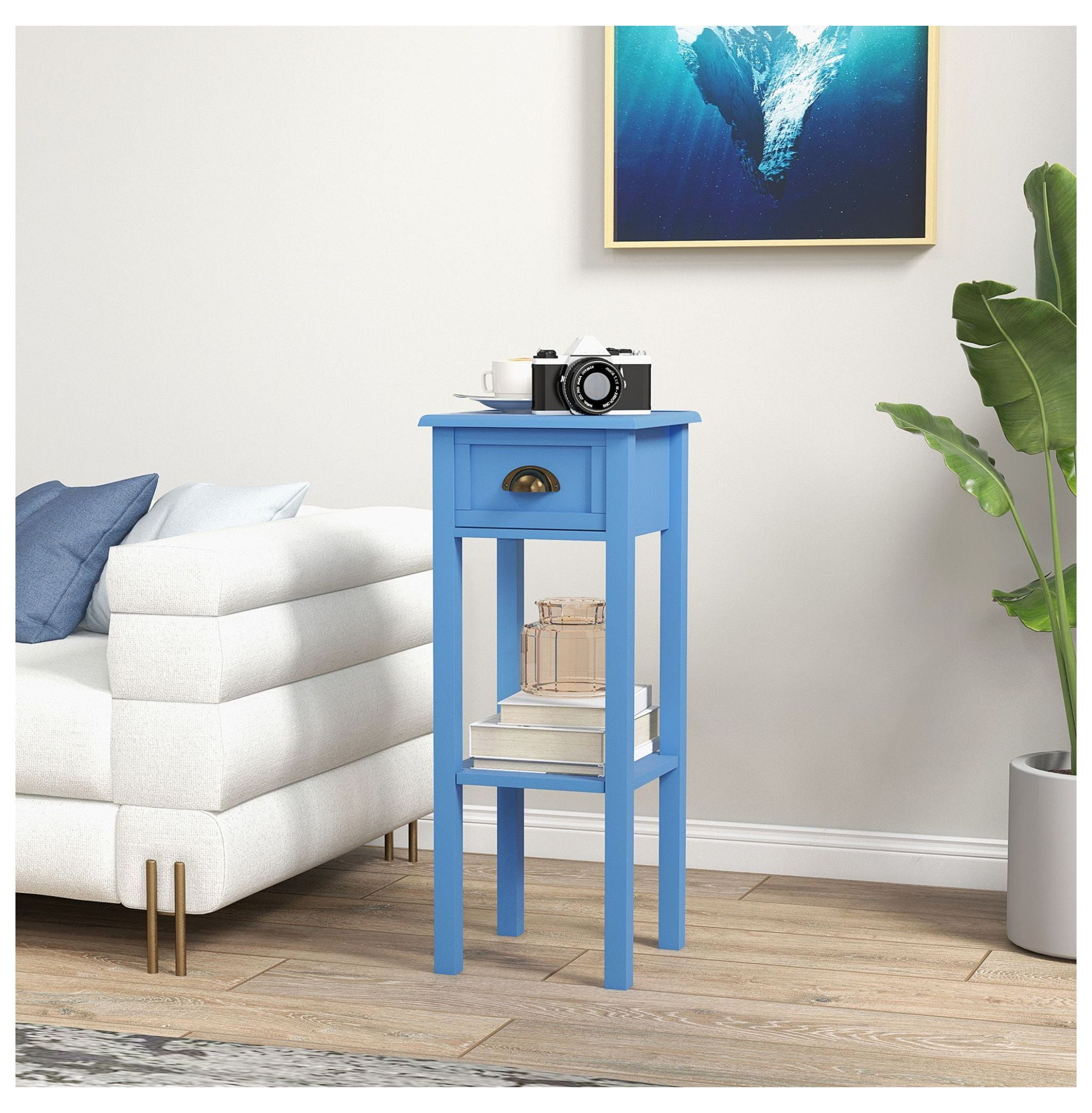 Light Blue Side Table with Drawer & Shelf - End Table for Living Room ...