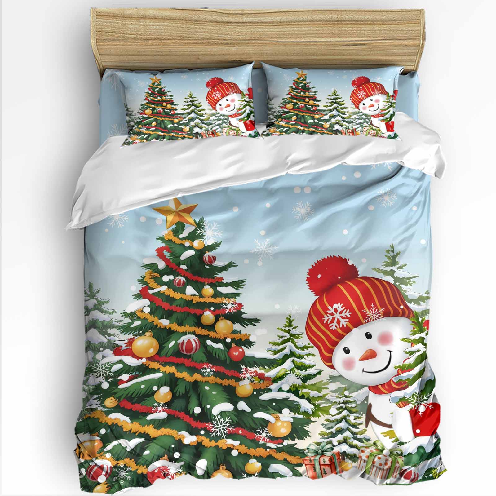 Light Blue Snowman Christmas Full Size Comforter Set, Xmas Tree Winter ...