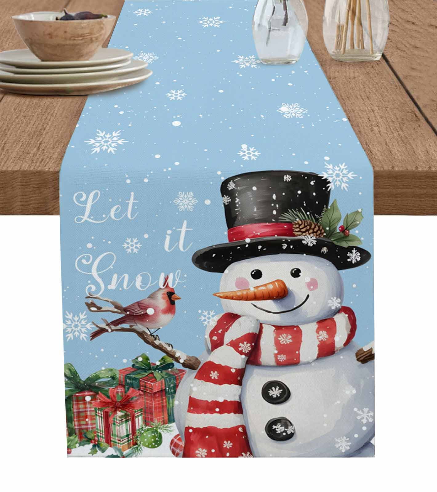 Light Blue Snowman Christmas Table Runner 72 Inches, Winter Snowflake ...