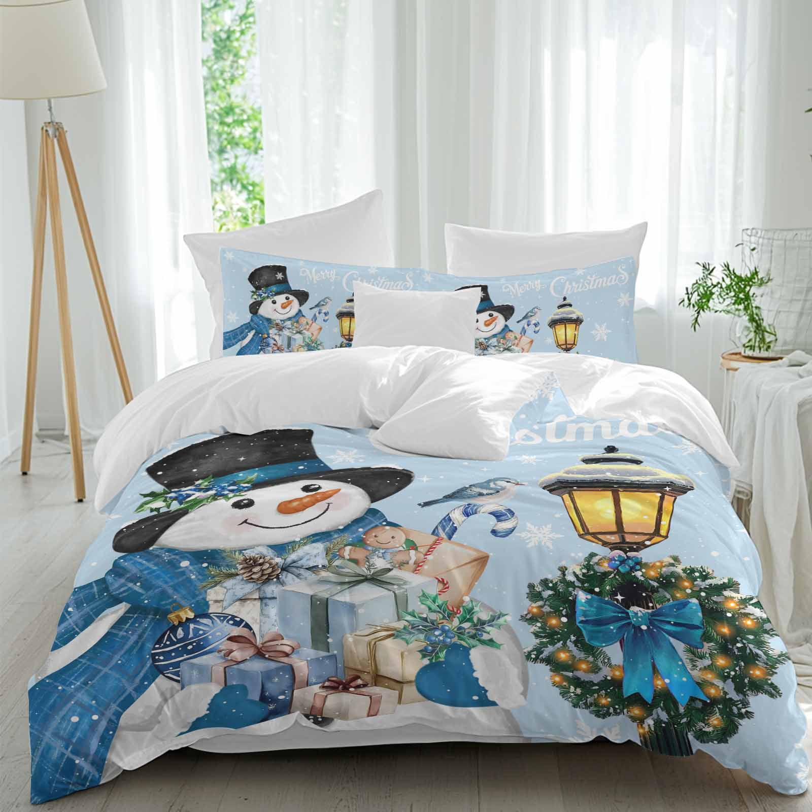 Light Blue Snowman Duvet Cover Set Full Size, Christmas Winter Wreath ...