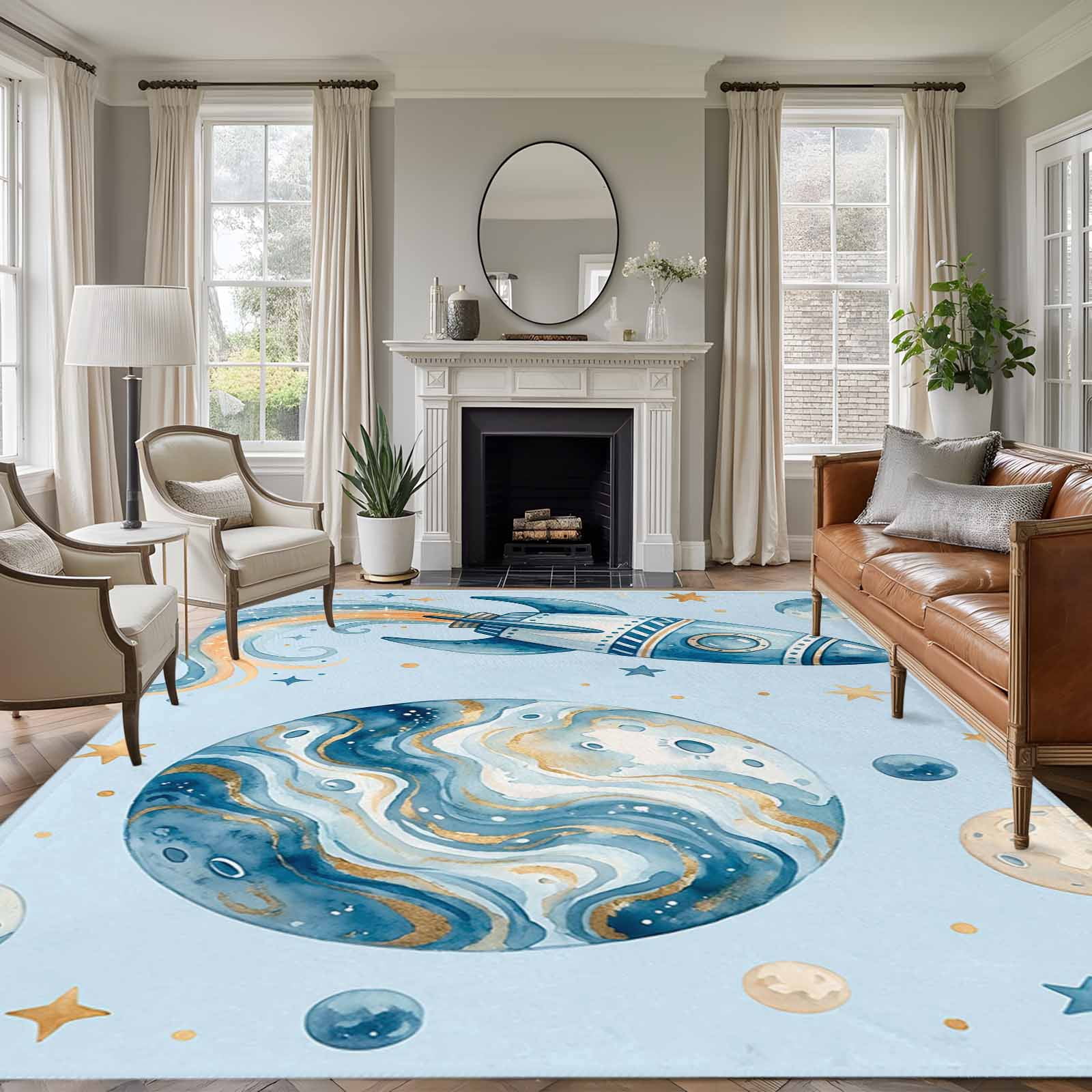 Light Blue Space Rocket Area Rugs 5'x7', Washable Small Throw Rugs for ...