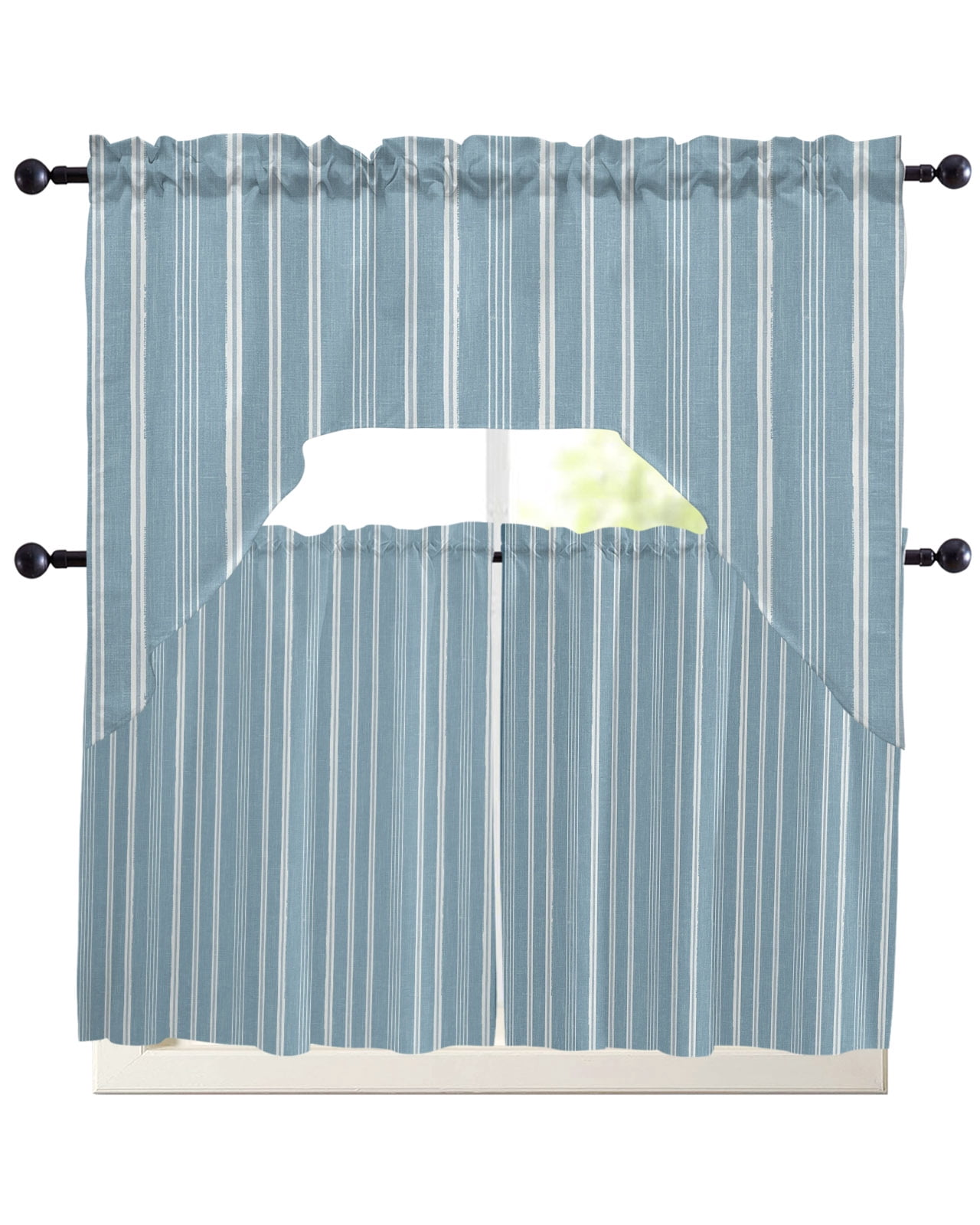 Light Blue Striped Kitchen Curtains Set for Windows 3 Piece Cafe ...