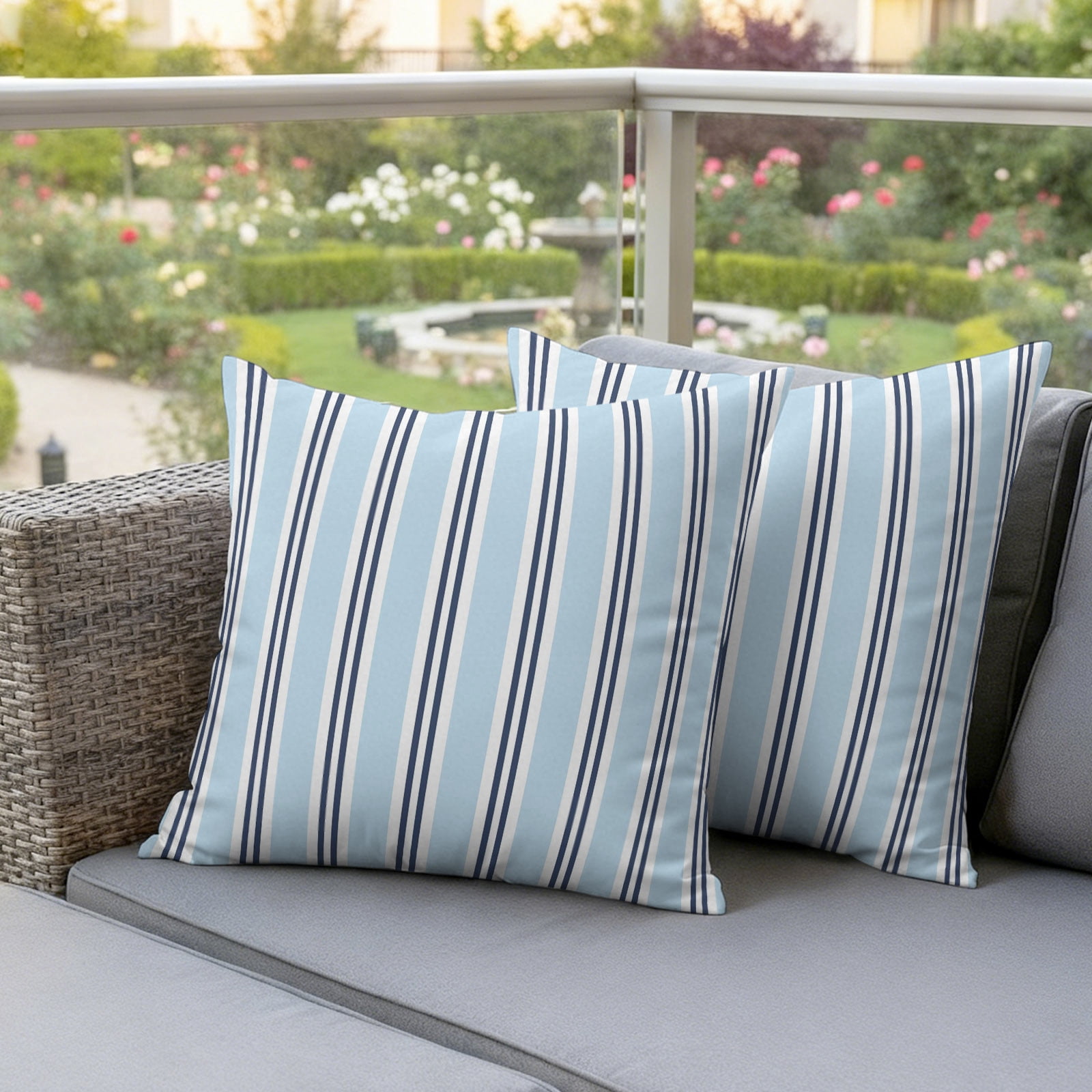 Light Blue Stripes Waterproof Throw Pillow Covers Set of 2 Summer Ocean ...
