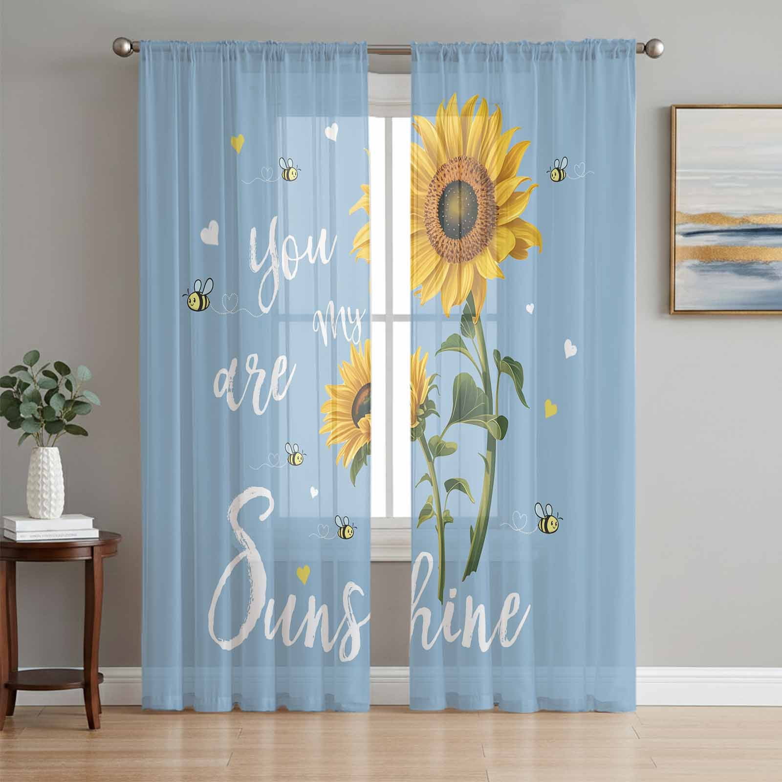 Light Blue Sunshine Sunflower Sheer Curtains 96 Inch Length 2 Panels ...