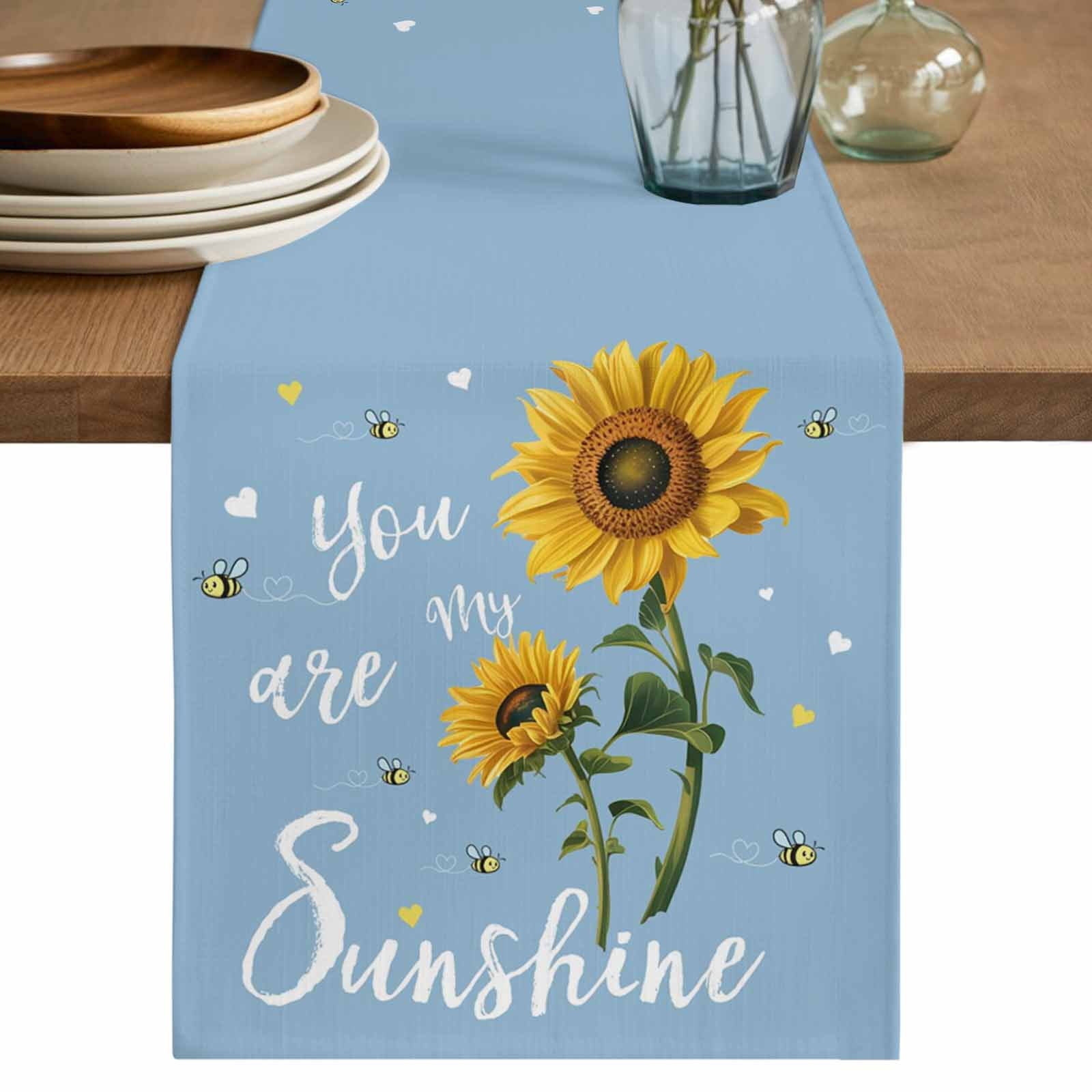 Light Blue Sunshine Sunflower Table Runner 72 Inches, Pastoral Bees ...