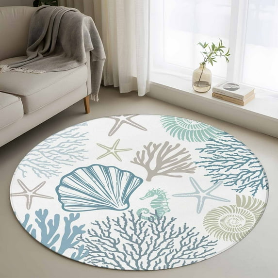 Light Blue Teal Coastal 4ft Round Rug, Summer Beach Coral Shell Ocean ...