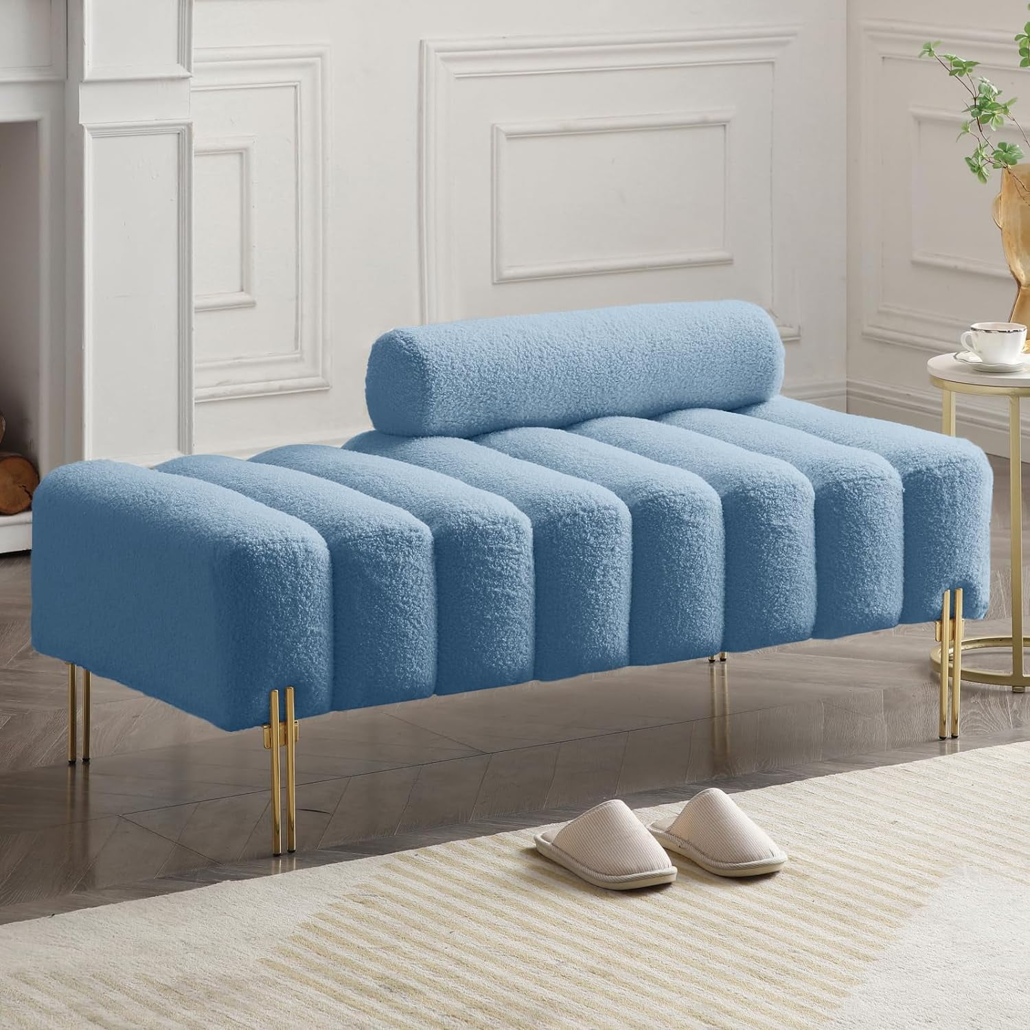 Light Blue Tufted Ottoman Bench with Golden Metal Legs, Faux Leather ...