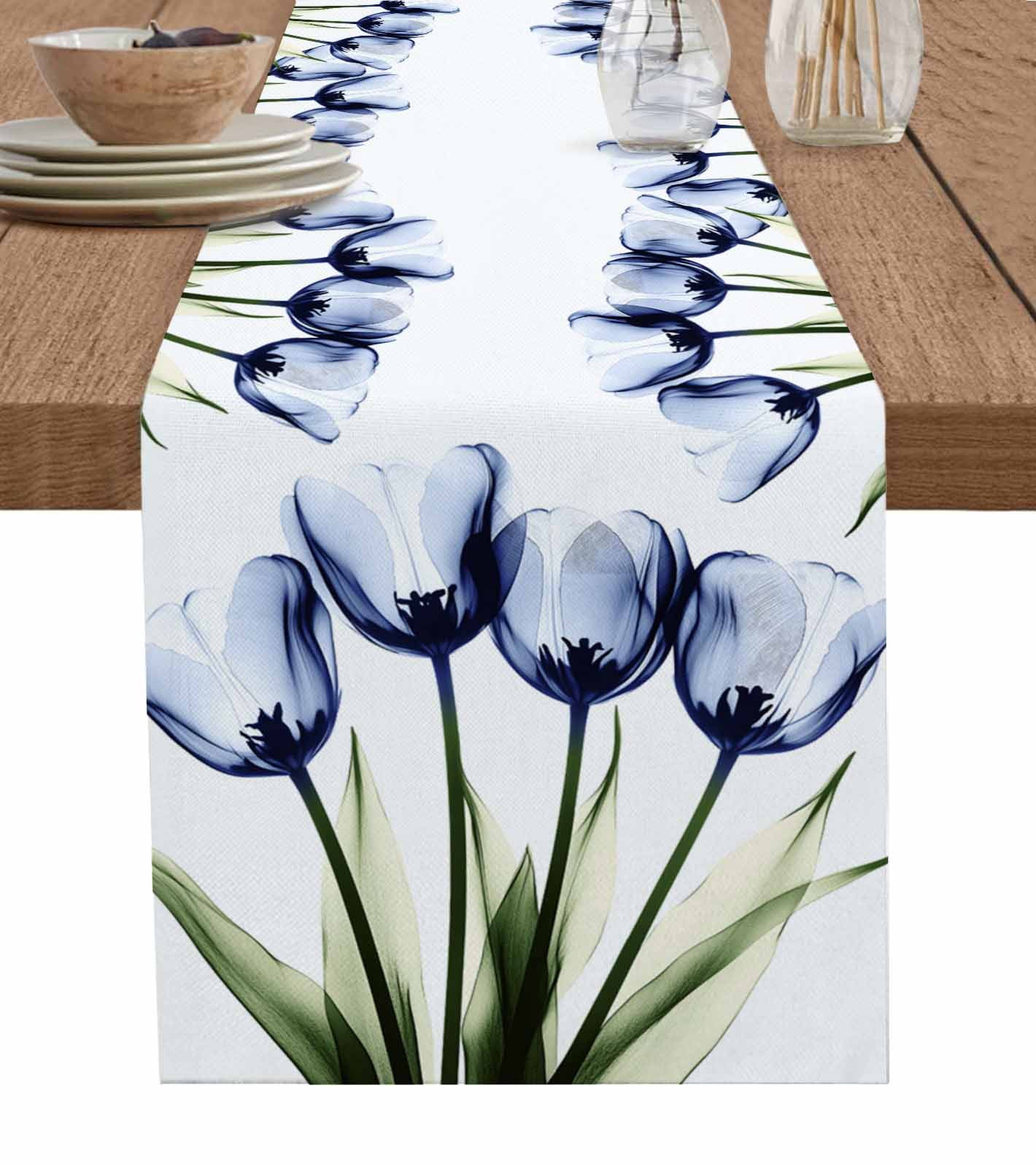 Light Blue Tulip Table Runner 60 Inches, Farmhouse Elegant Flowers ...