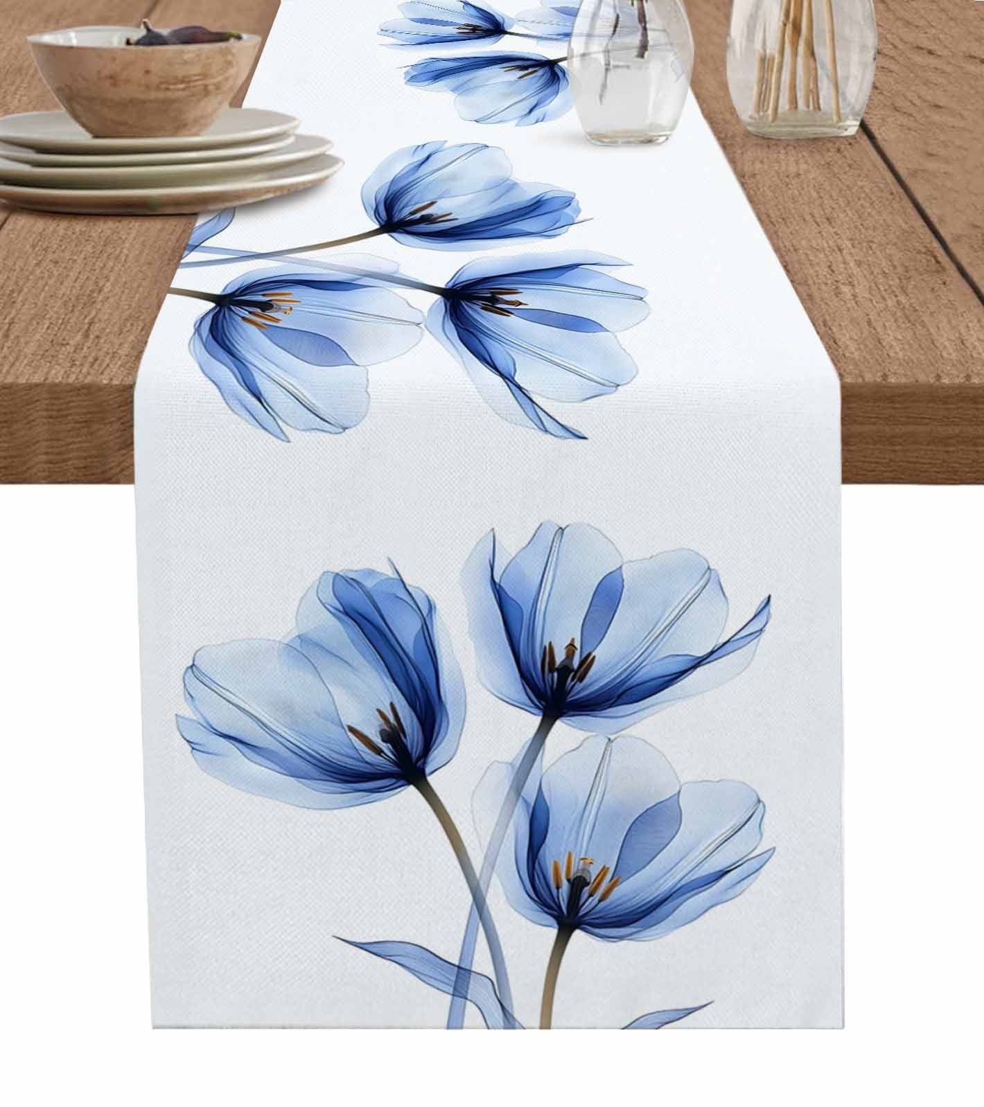 Light Blue Tulip Table Runner 90 Inches, Spring Modern Rustic Floral ...