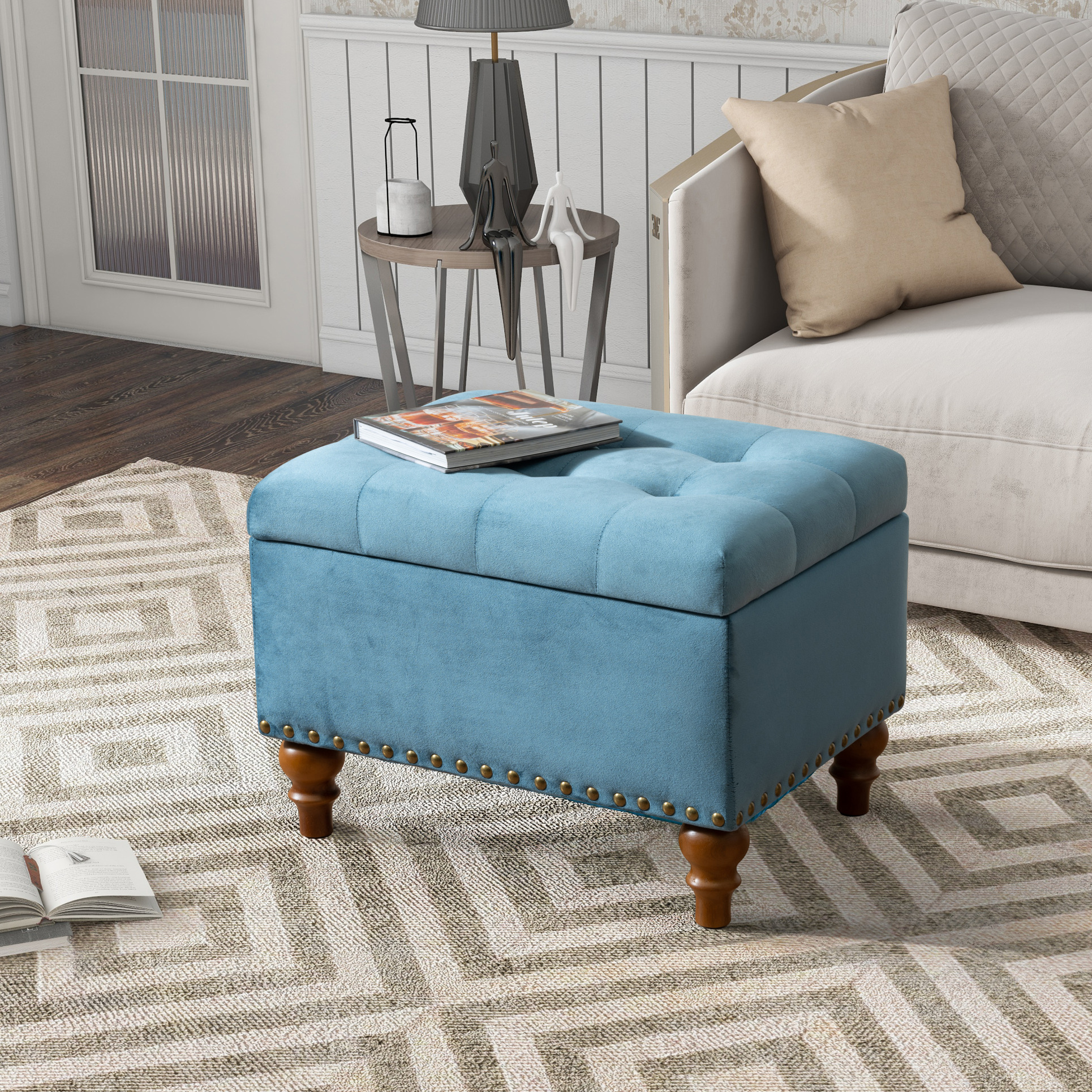 Light Blue Velvet Upholstered Ottoman with Hidden Storage Space, Easy ...