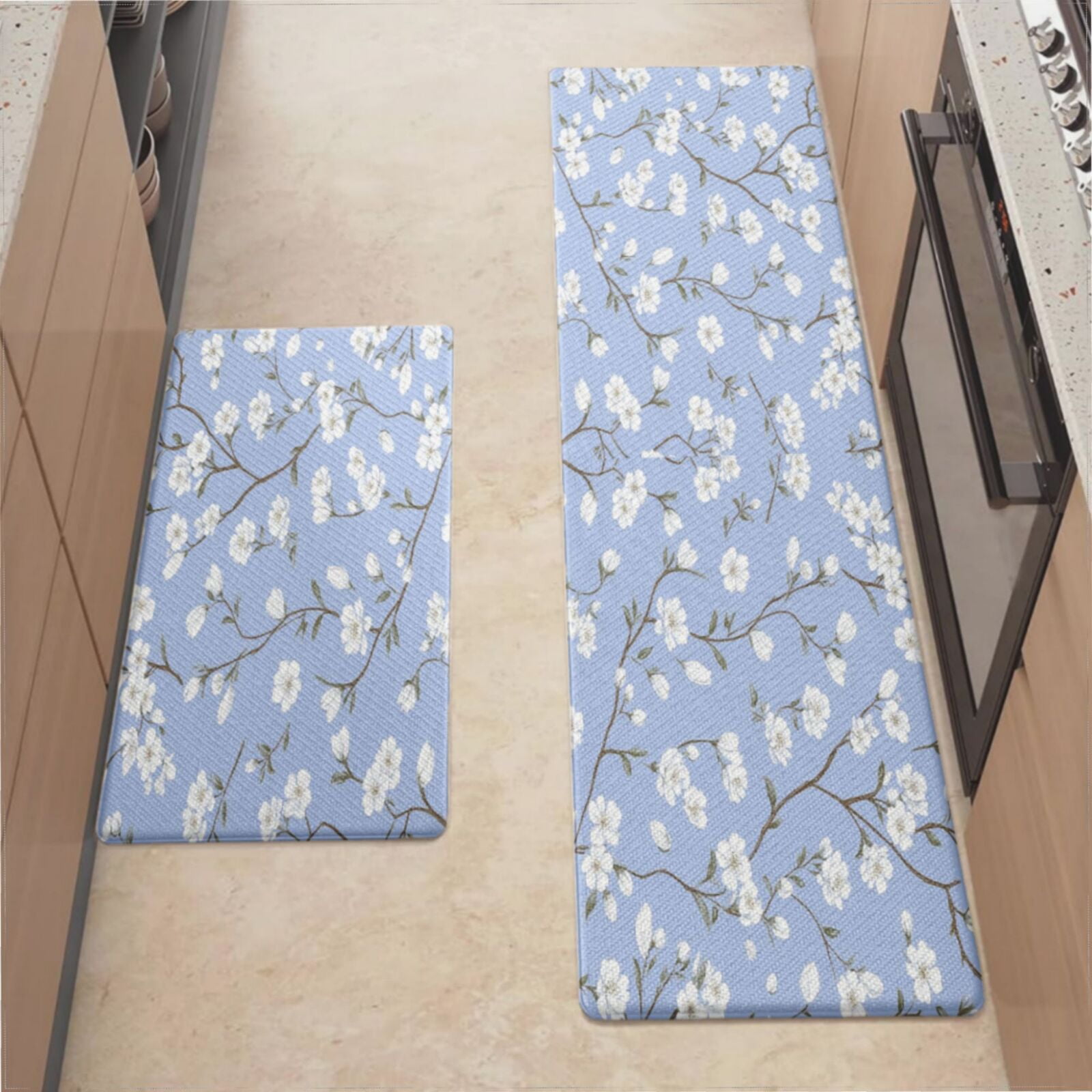 Light Blue With White Daisy Pattern 1 Pvc Kitchen Mat Runner 2 Pieces ...
