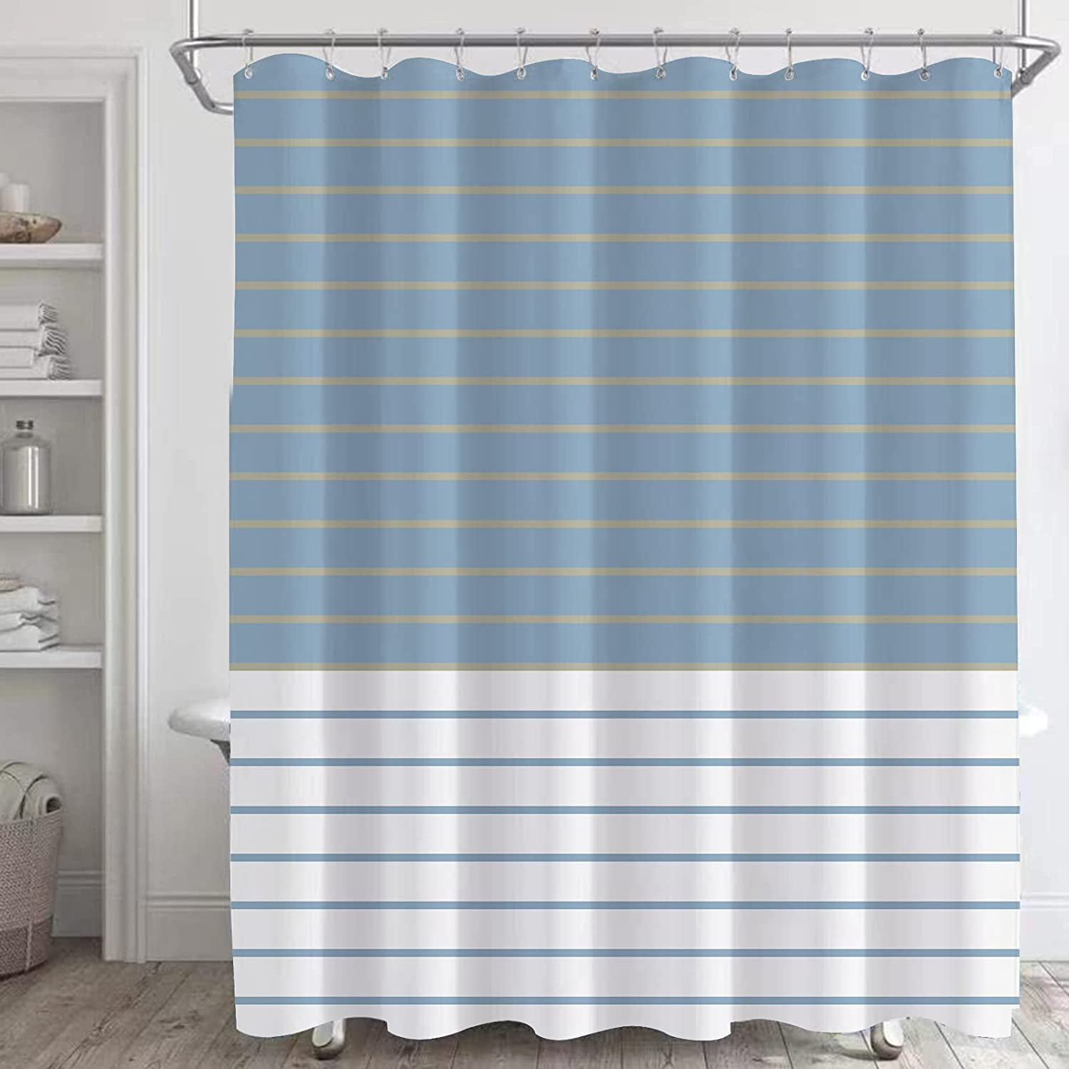 Light Blue and White Fabric Shower Curtain,Farmhouse Striped Bathroom ...