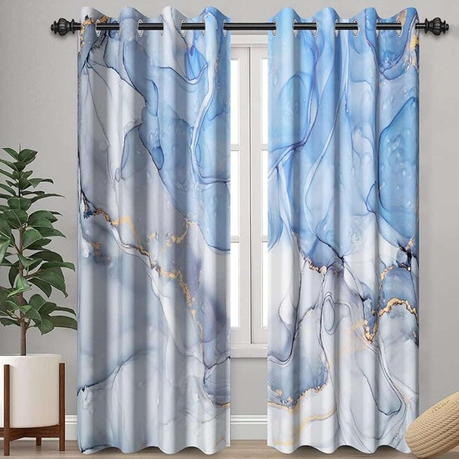 Light Blue White Marble Curtains For Bedroom, Gold Vein Print Window ...