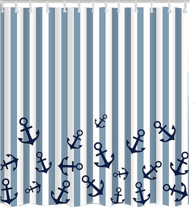 Light Blue And White Stripes Anchor Shower Curtain Stylish Narrow ...