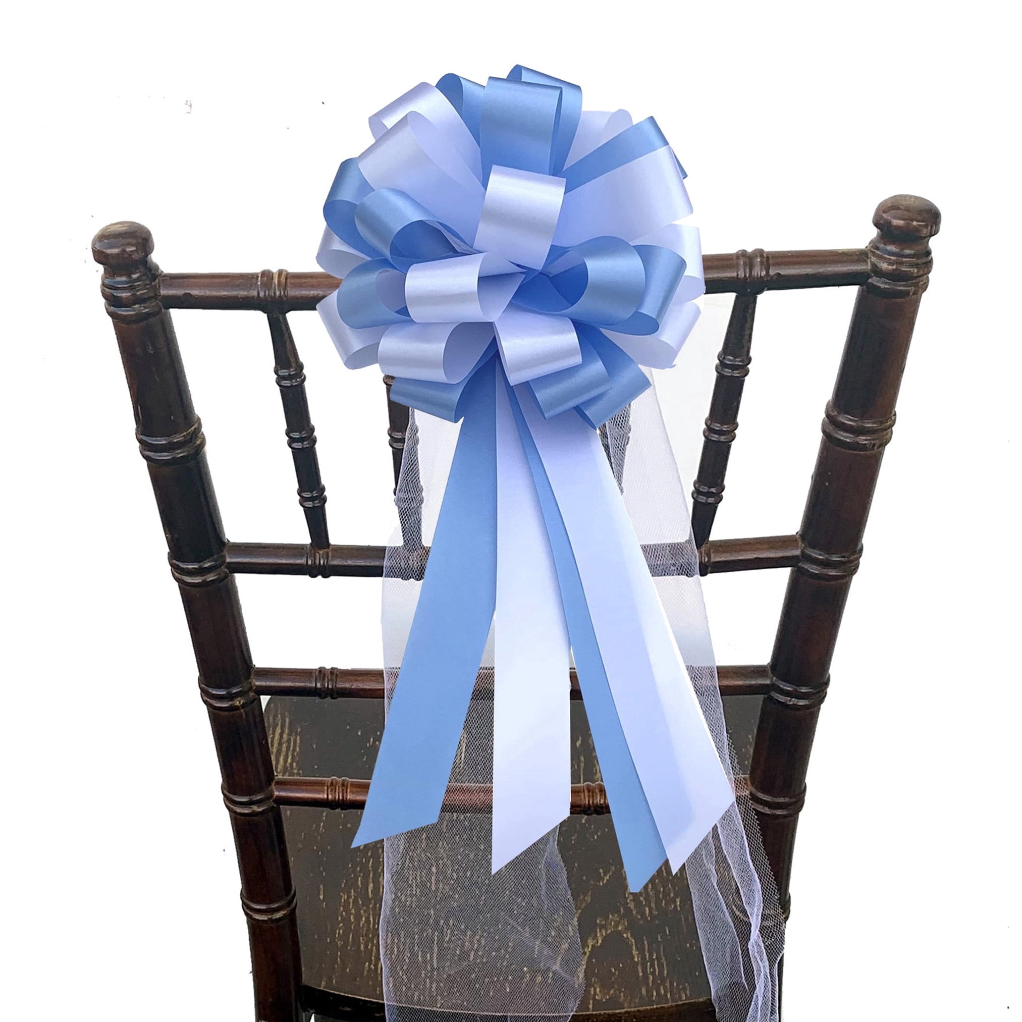 Light Blue & White Wedding Pull Bows with Tulle Tails - 8" Wide, Set of ...