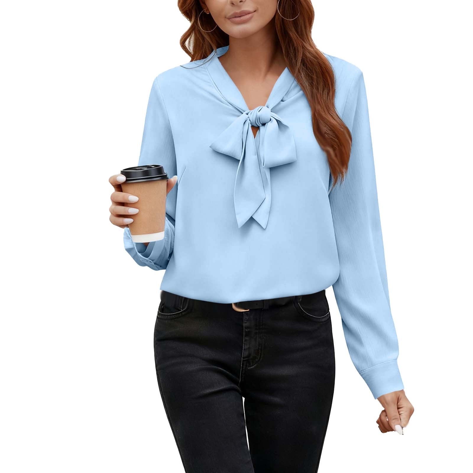 Light Blue Womens Long Sleeve Blouse with Bow Tie Neck, Stretch ...