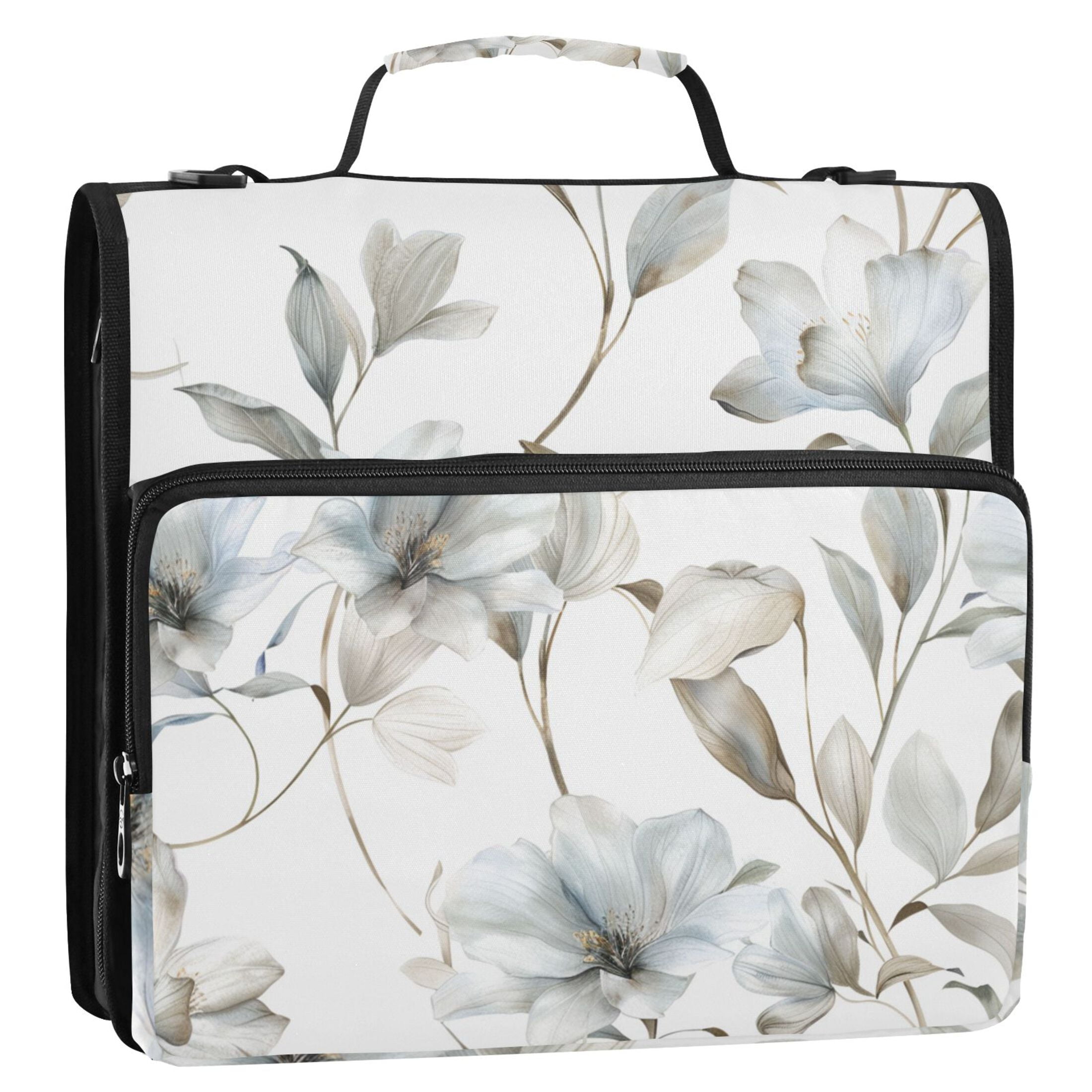 Light Blue-white Flower Binder Bag with Shoulder Strap 3 Ring Zipper ...
