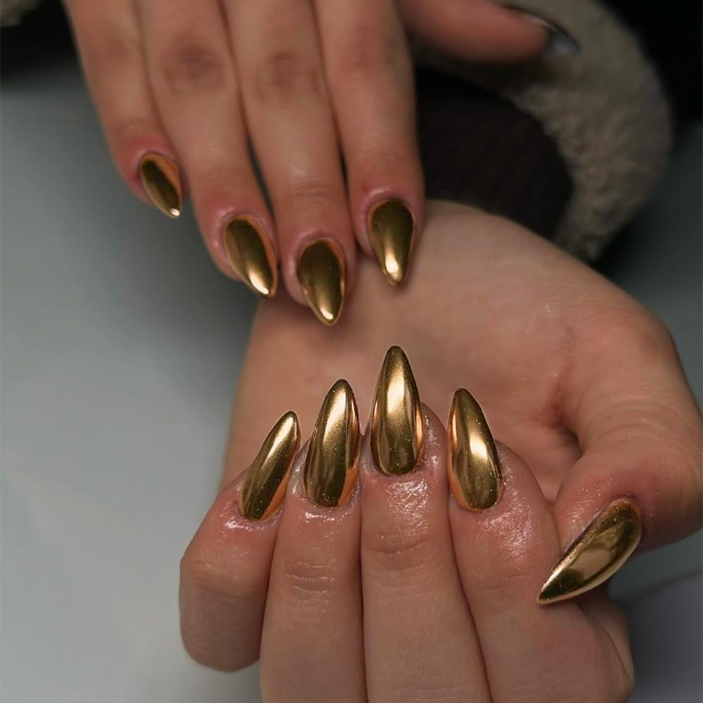 Light Bronze Chrome Press on Nails Medium Almond, Chrome Fake Nails ...