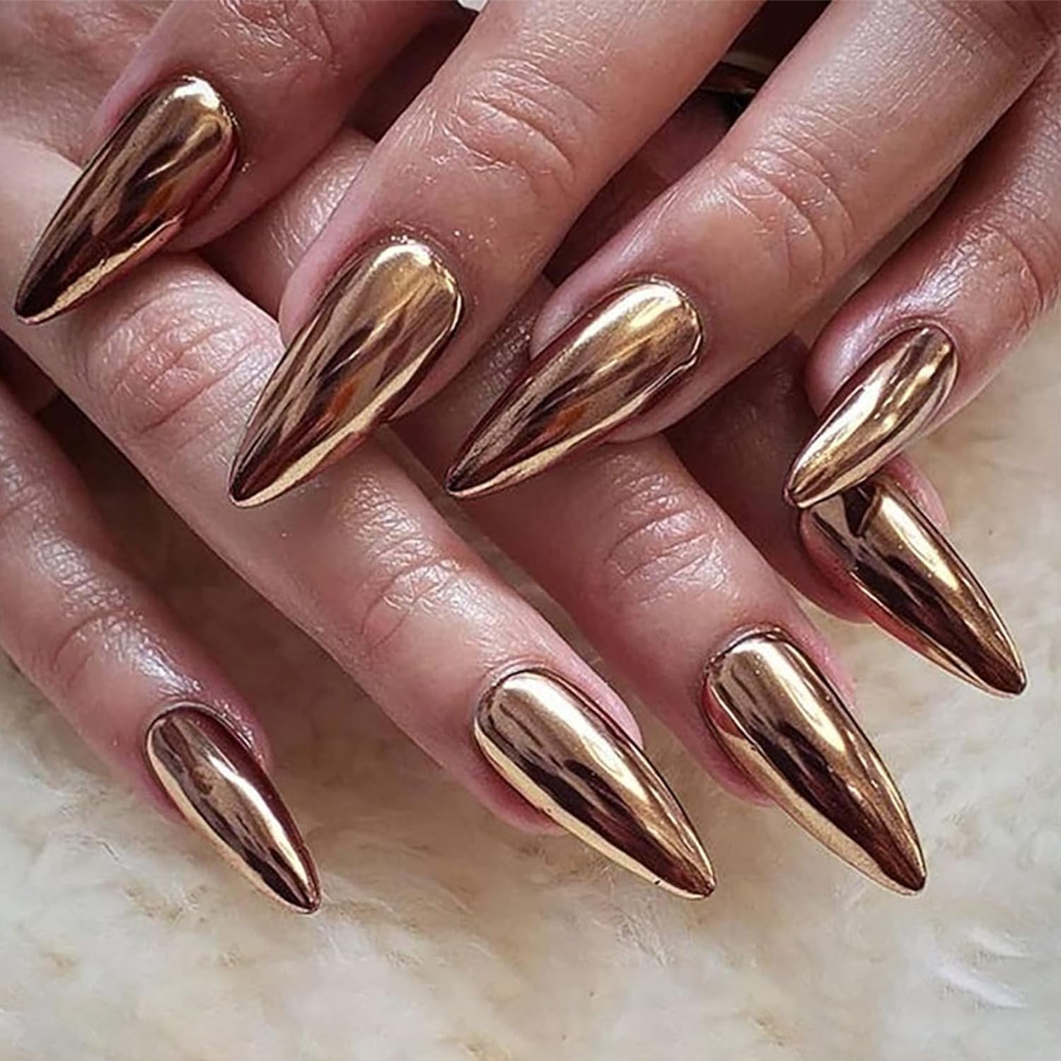 Light Bronze Chrome Press on Nails Medium Almond, Solid Color Fake ...