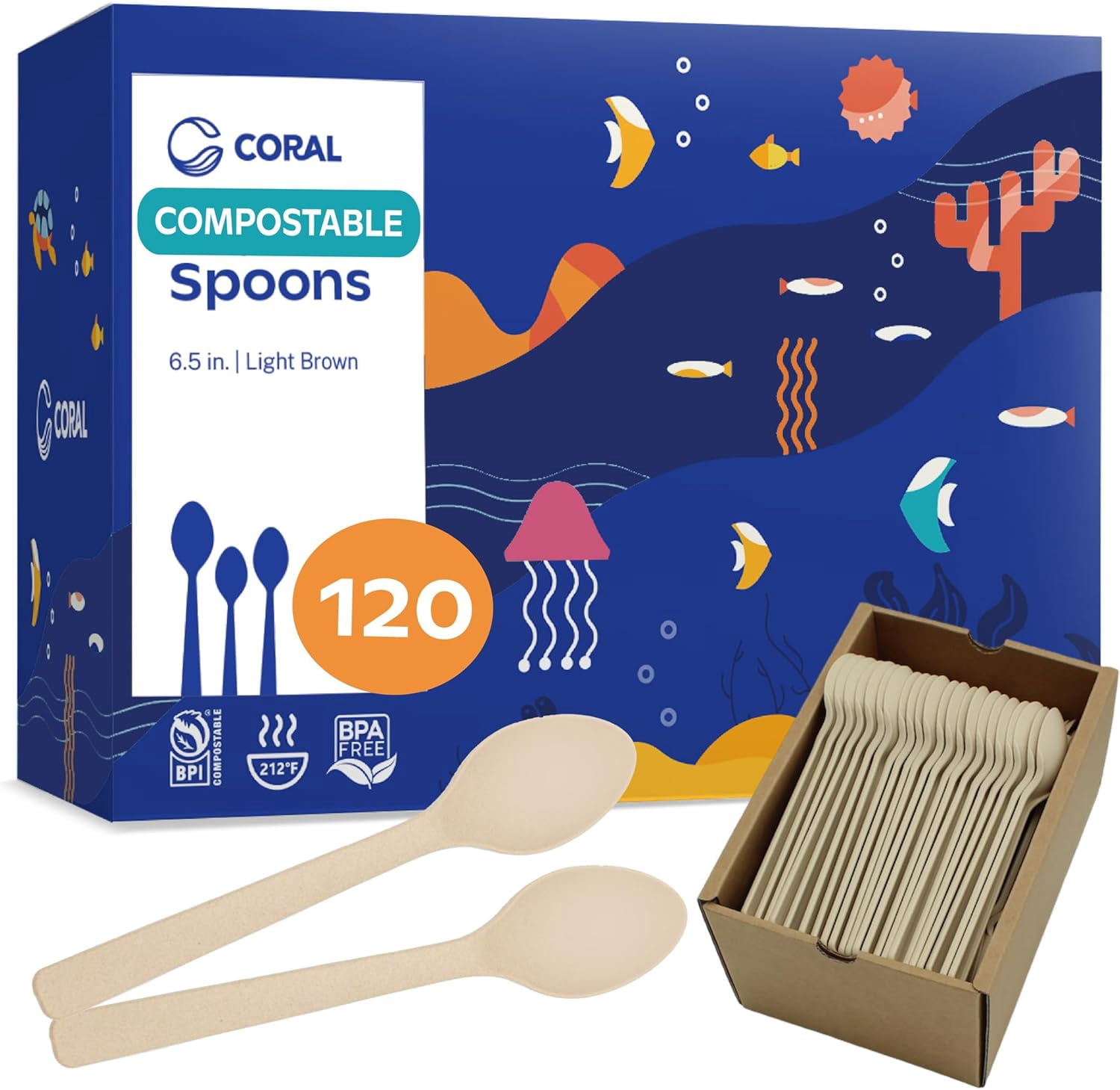 Light Brown 100% Compostable Spoons - 120 Heavy Duty No Plastic Spoons ...