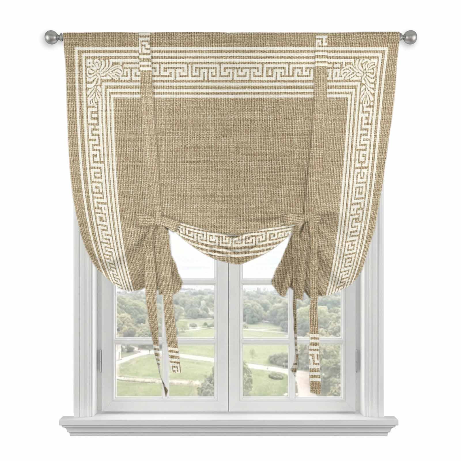 Light Brown Abstract Art Tie Up Curtains, Vintage Linen Greek Key ...