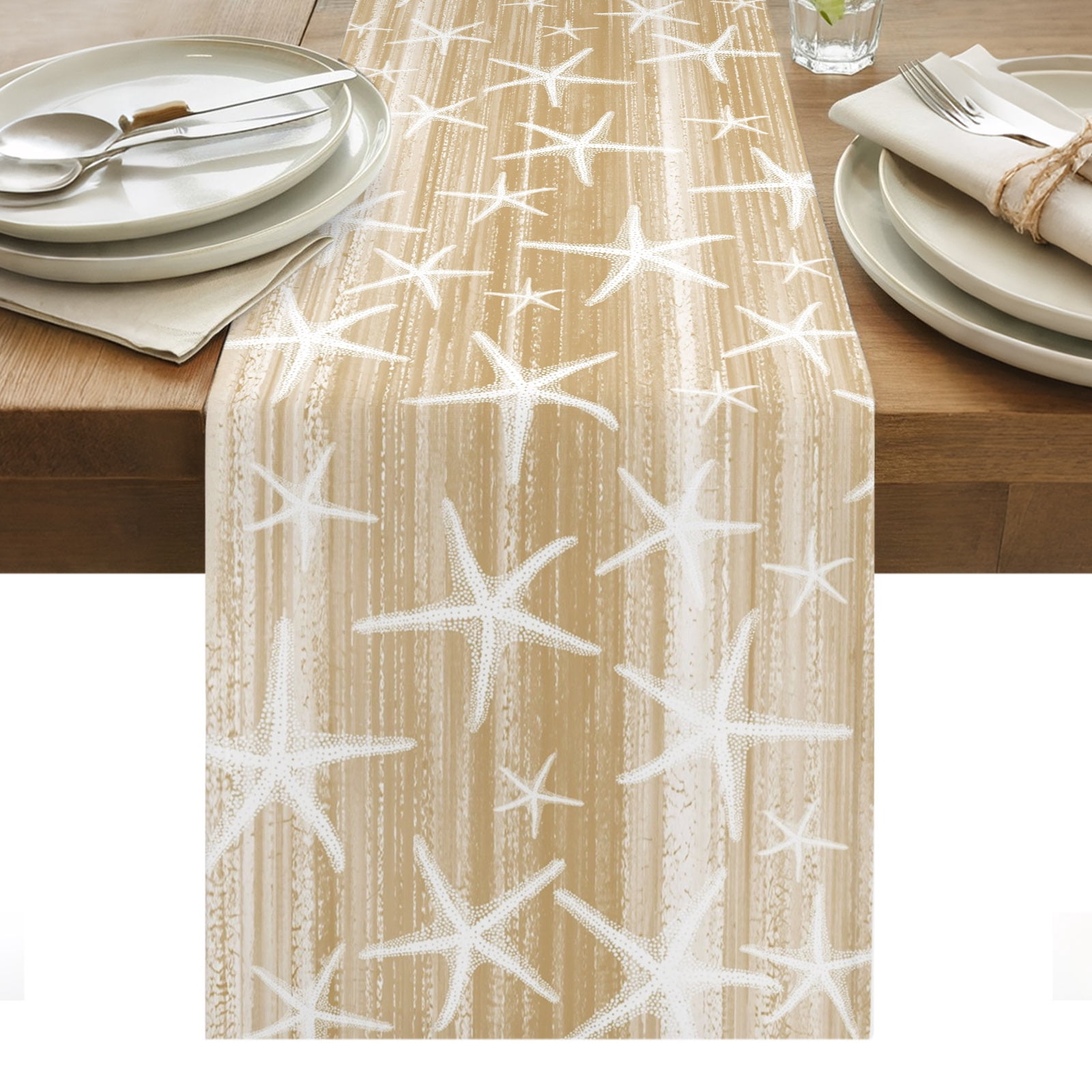 Light Brown Coastal Starfish Cotton Linen Table Runner Summer Beach ...