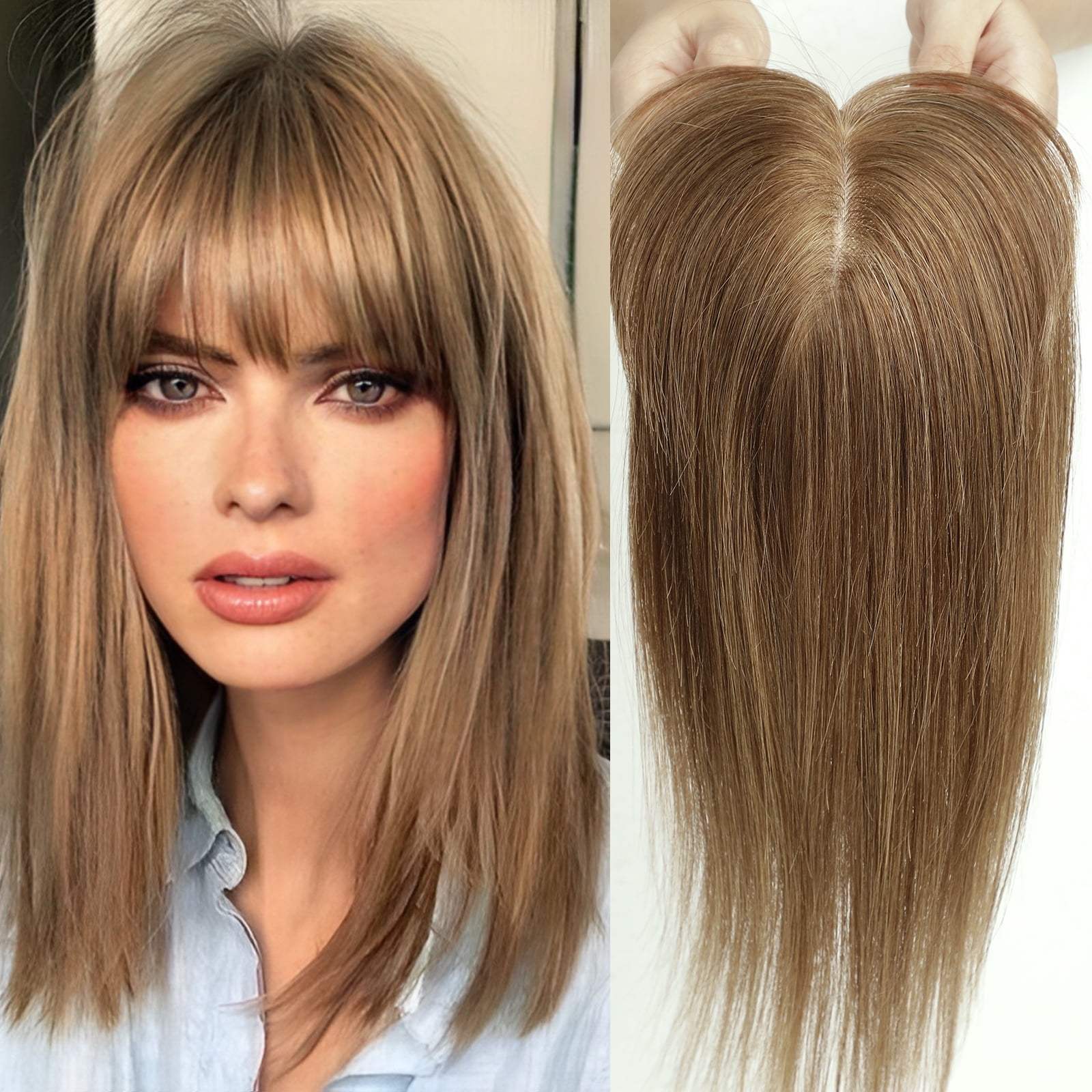 Light Brown Color Human Hair Topper with Bangs Hairpieces with 3 Clips ...