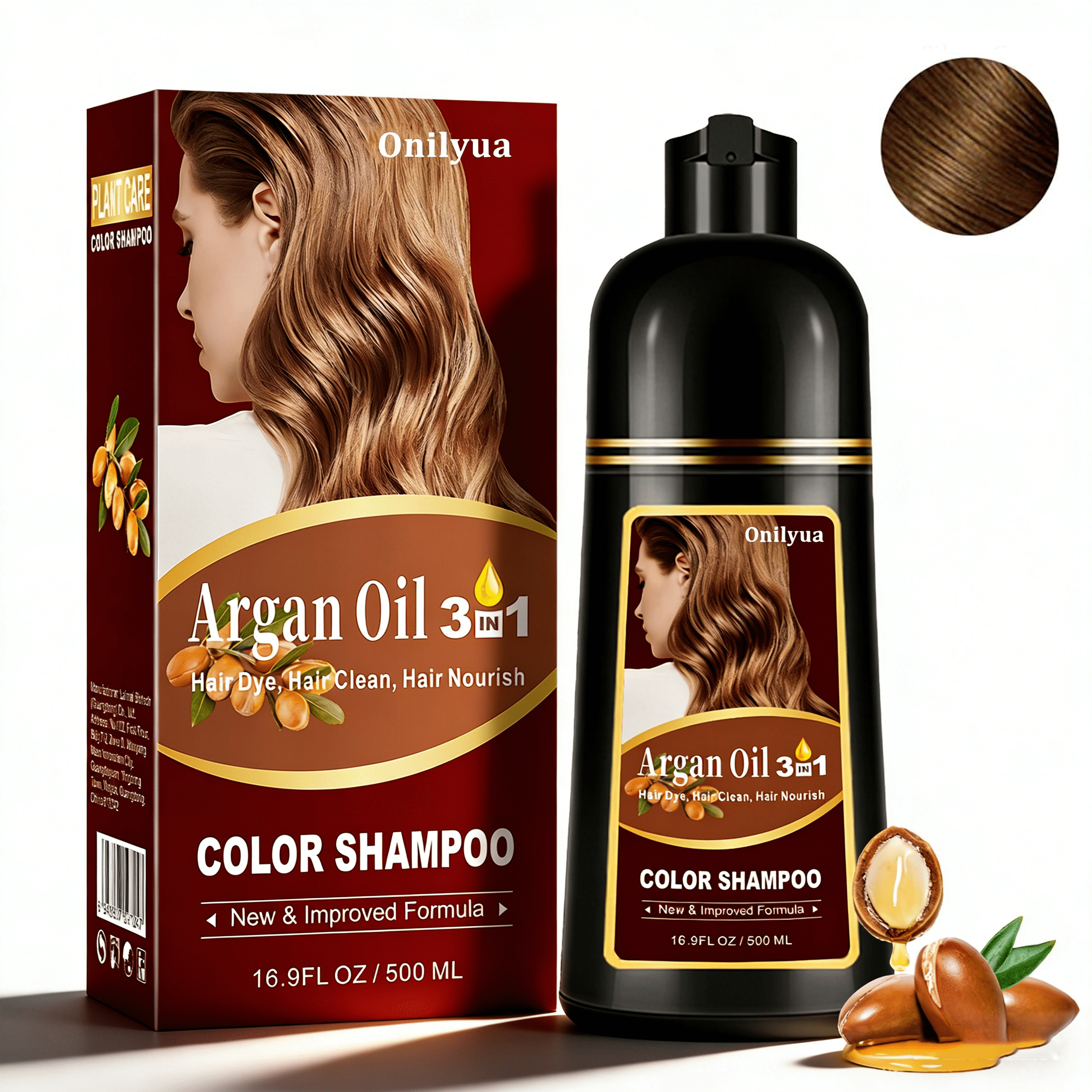 Light Brown Argan Oil Hair Dye Shampoo, 3-in-1 Hair Color Shampoo Lasts ...