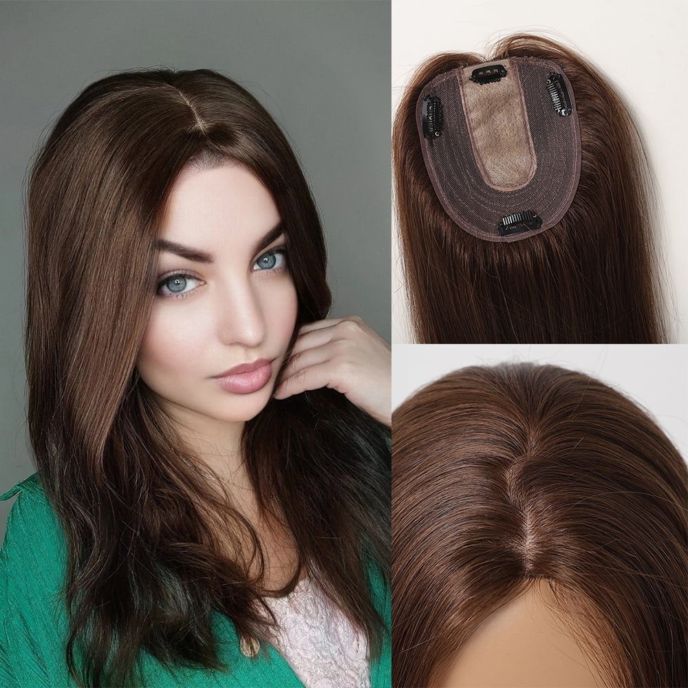 Light Brown Human Hair Toppers Middle Part Topper Silk Base Clips in ...