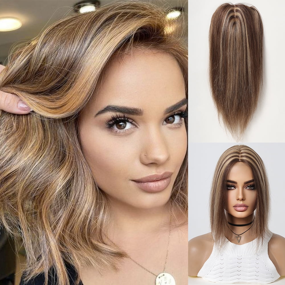 Light Brown Human Hair Toppers Middle Part Topper Silk Base Clips in ...