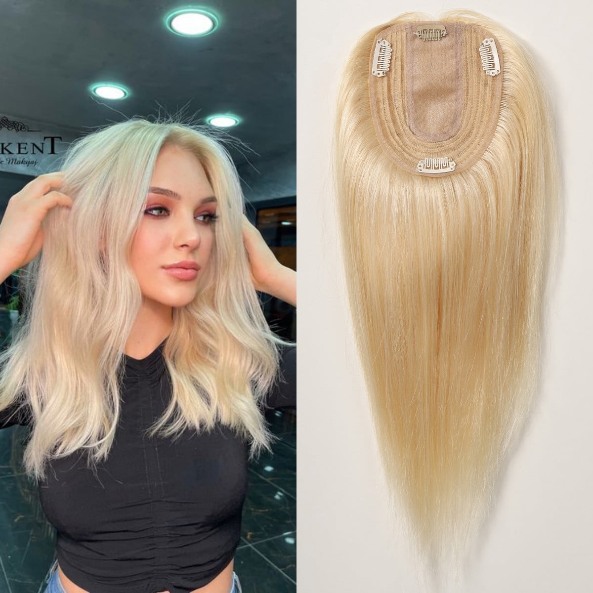 Light Brown Human Hair Toppers Middle Part Topper Silk Base Clips in ...