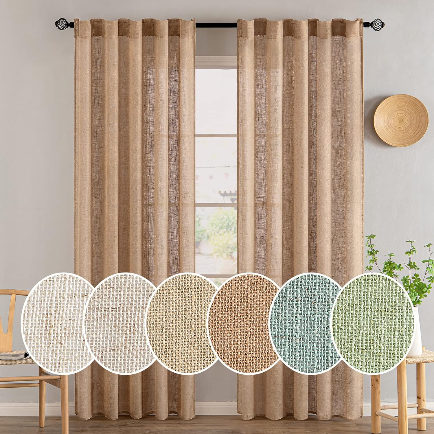 Light Brown Linen Curtains 84 Inch Length 2 Panels for Bedroom Living ...