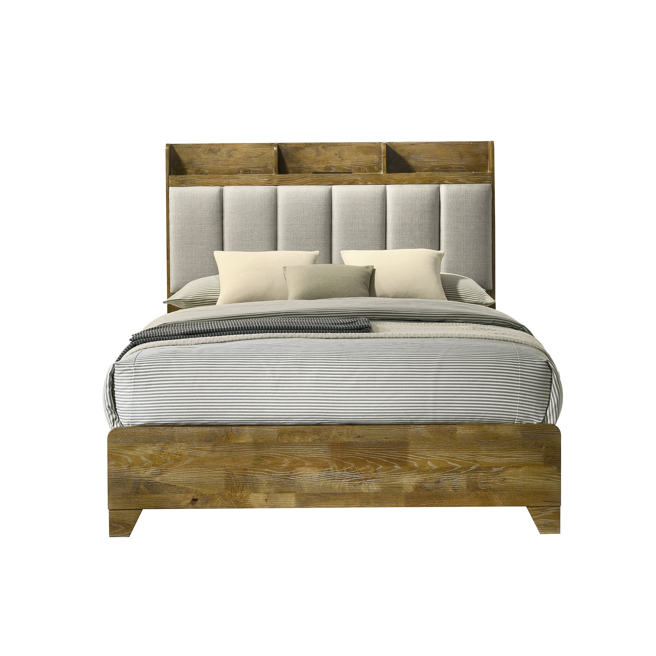 Light Brown Queen Upholstered Bed Frame with USB Charging, Modern Low ...