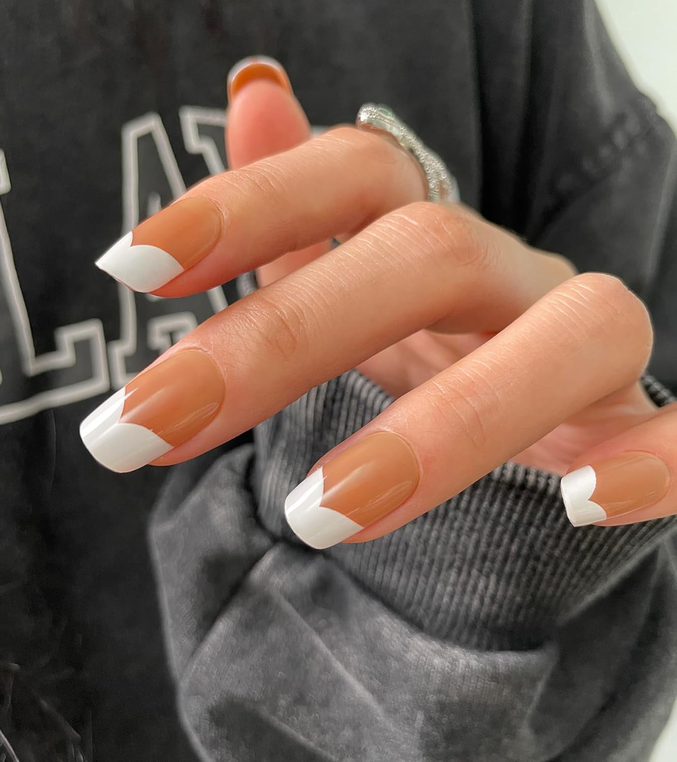 Light Brown White French Tip Press on Nails - Upgrade 15 Sizes Thicker ...