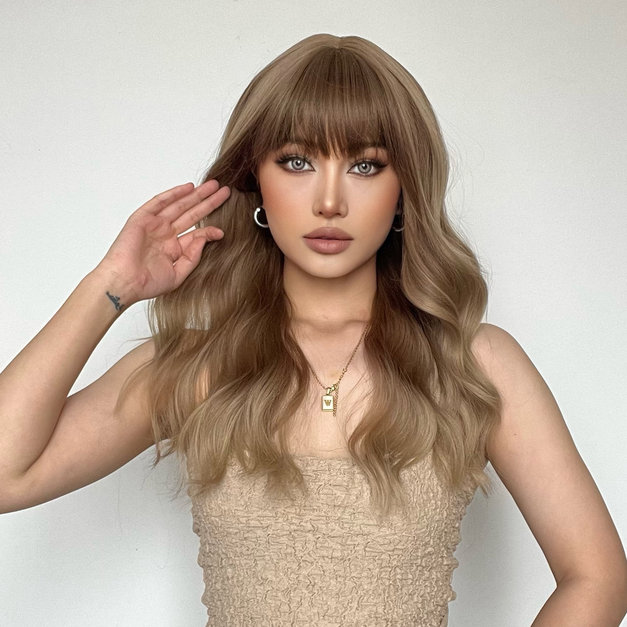 Light Brown Wig Natural Brown Wig with Bangs Heat Resistant Synethetic ...
