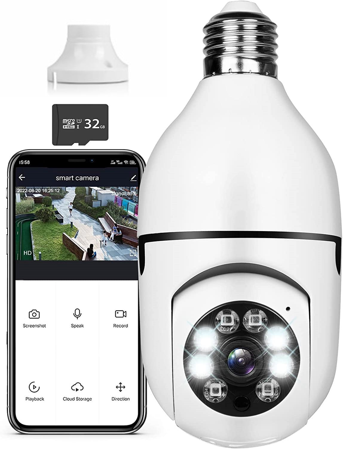 1080P Light Bulb Security Camera, PTZ E27, 360° Panoramic, WiFi, Motion ...